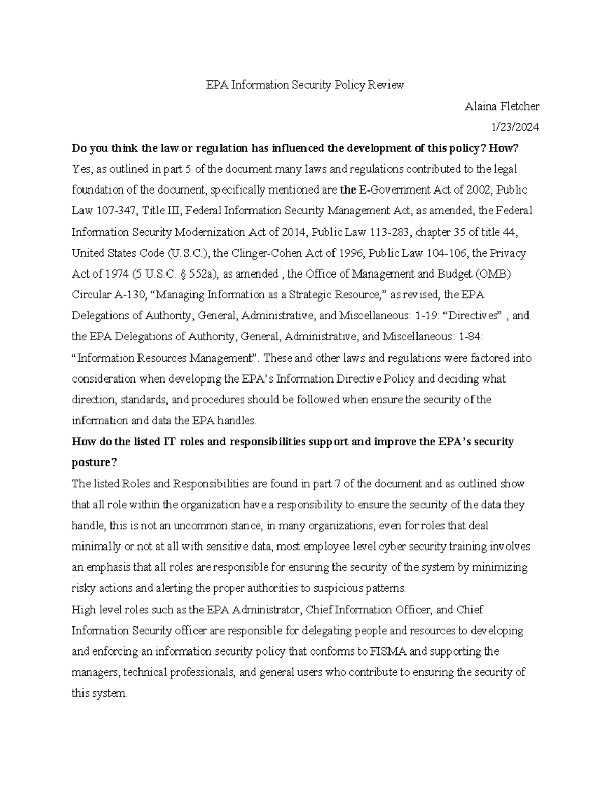 Information Security Policy Review - S.), the Clinger-Cohen Act of 1996 ...