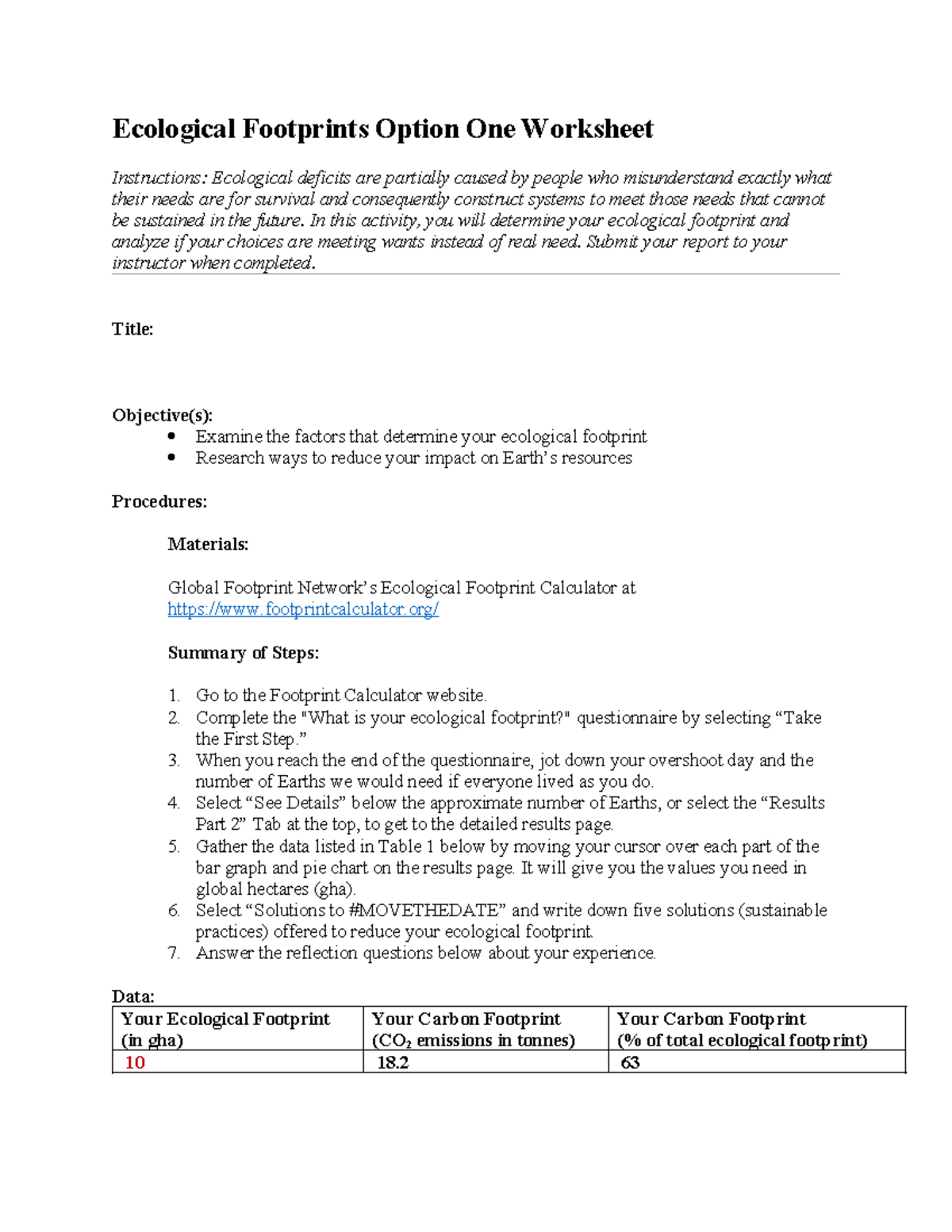 Ecological footprints worksheet option one 2 - Ecological Footprints ...