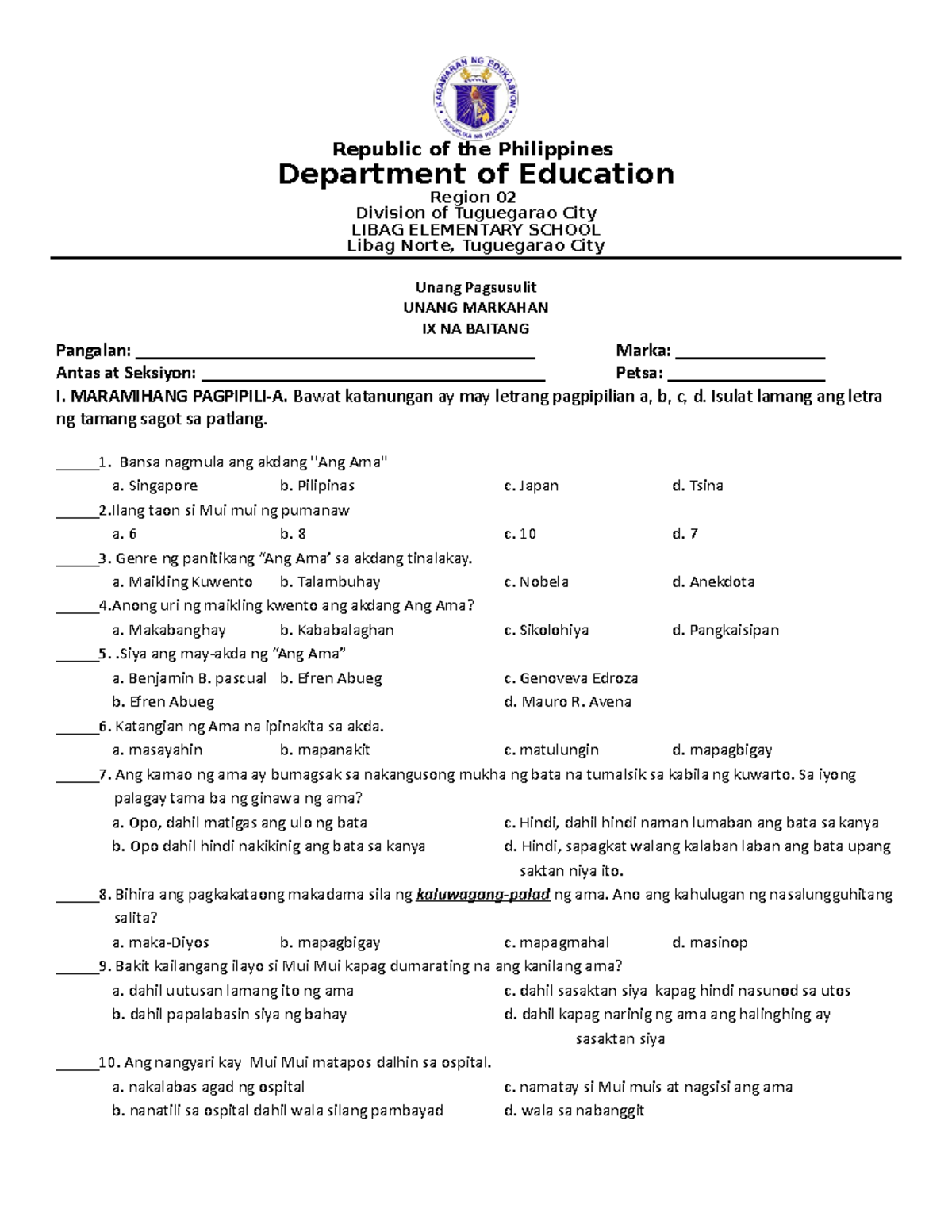 Summative Test 1 Grade 9 - Republic of the Philippines Department of ...