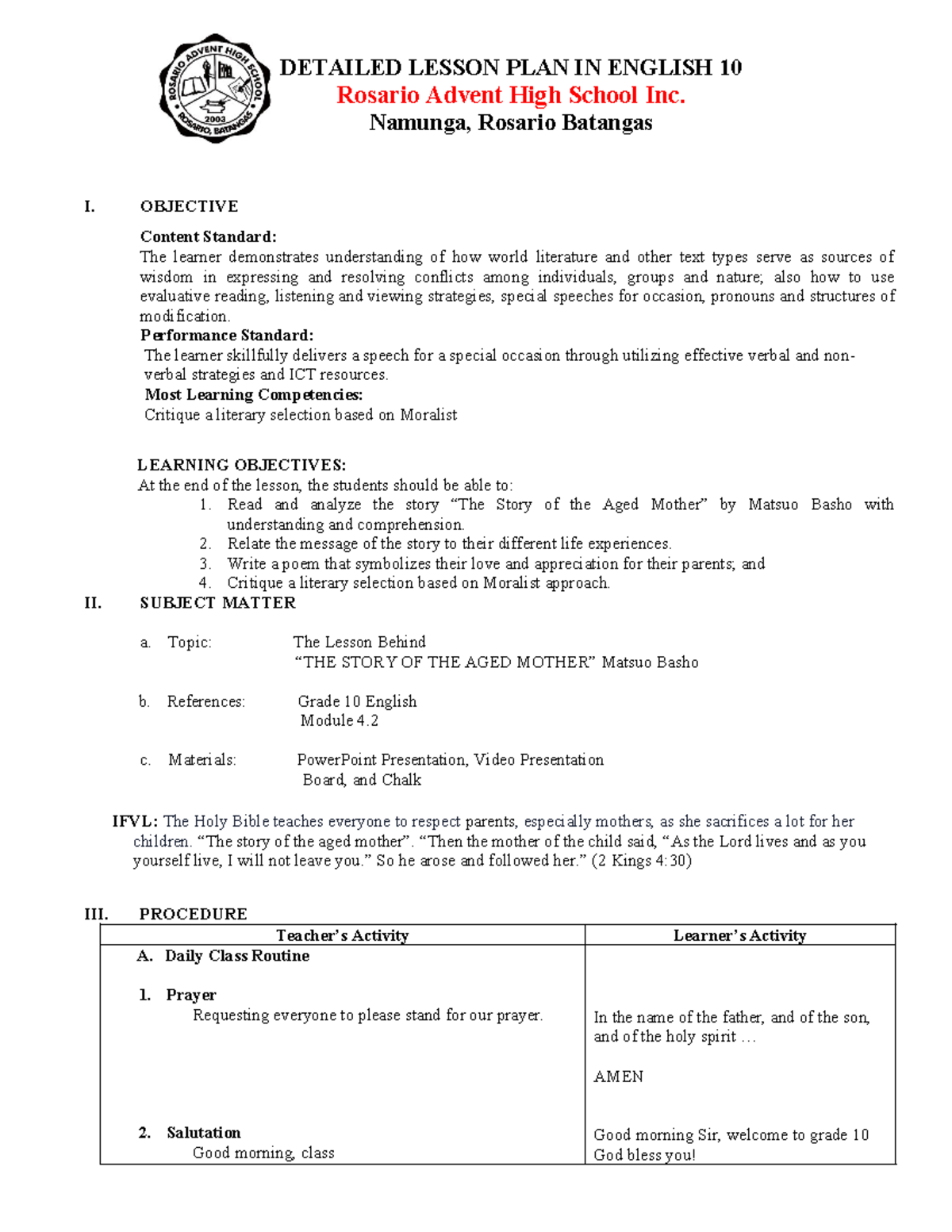 English 10 Lesson Plan - I. OBJECTIVE Content Standard: The learner ...