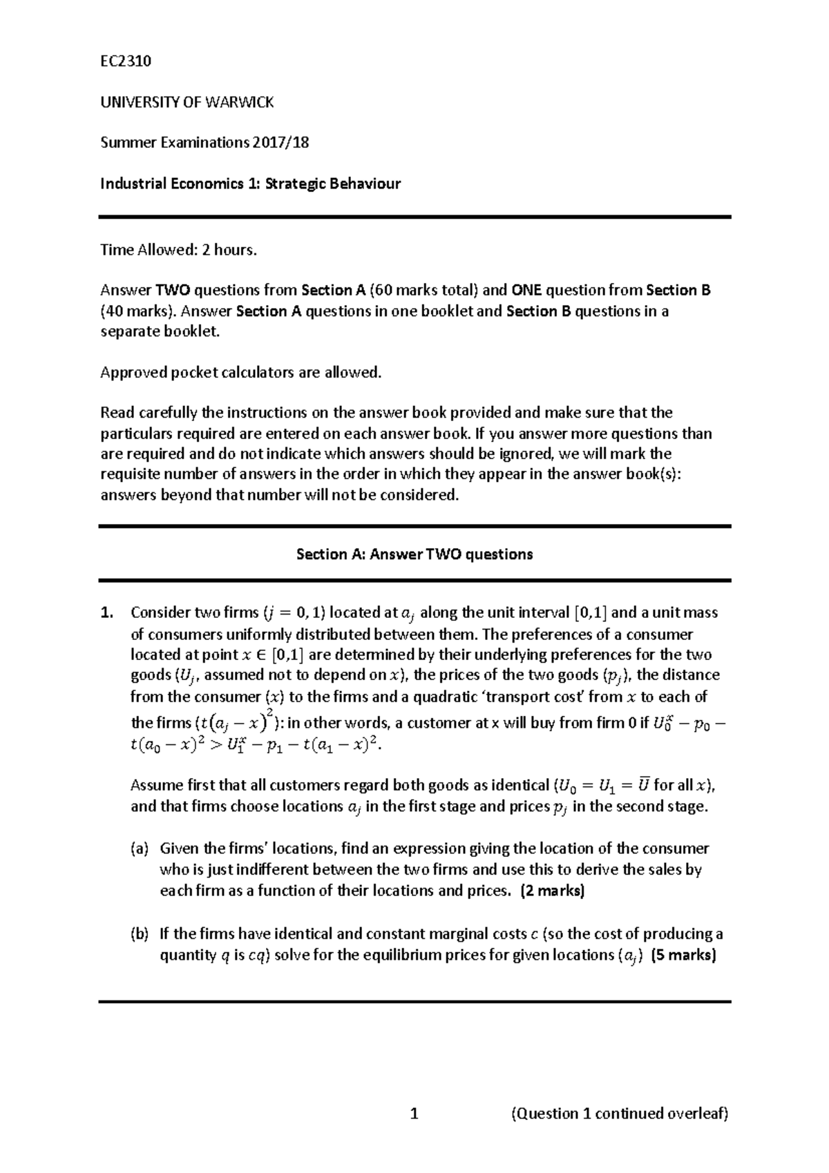 EC231 Industrial Economics 1: Strategic Behaviour - Practice Paper - 1 ...