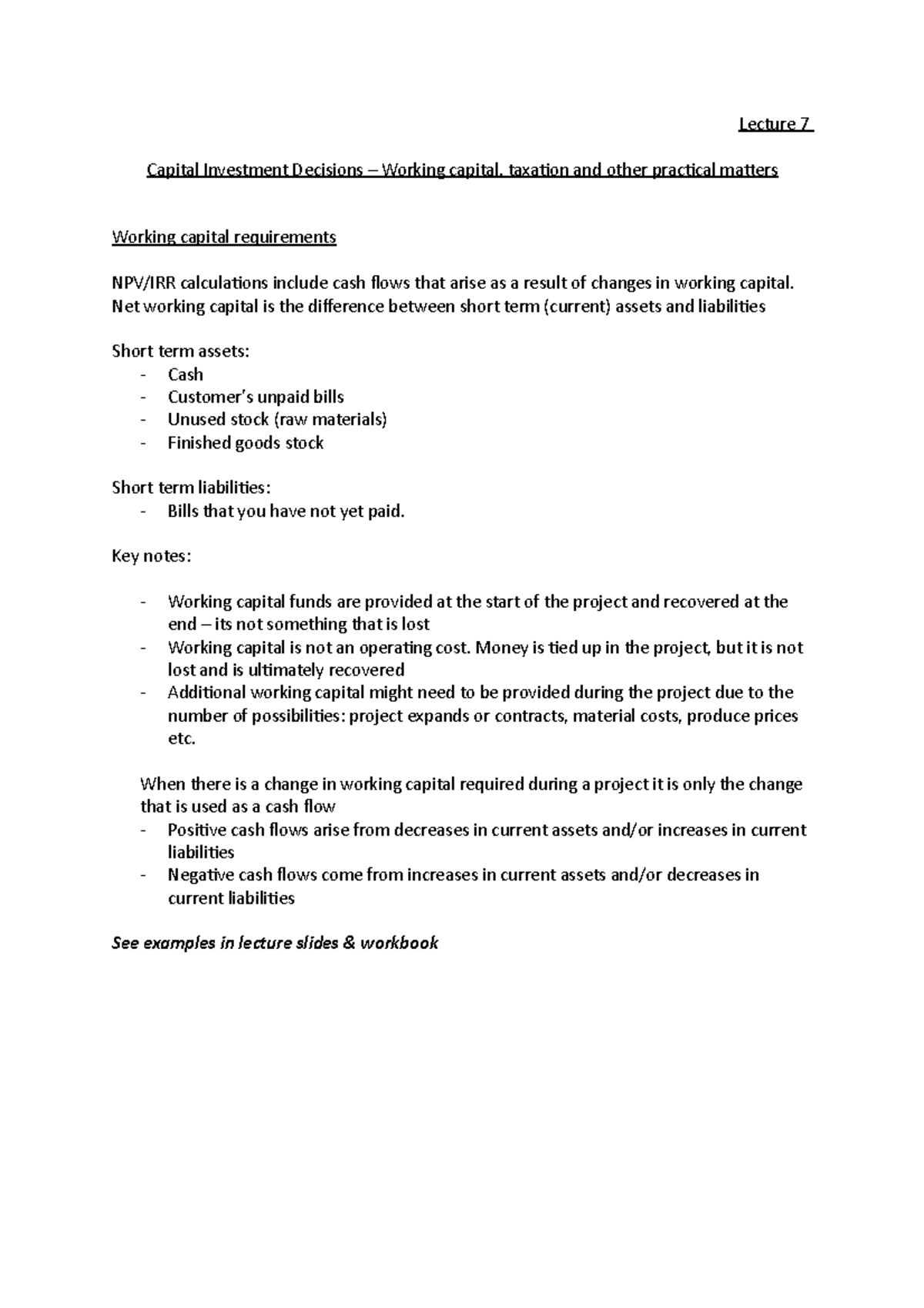 Capital Investment Decisions – Working capital, taxation and other ...