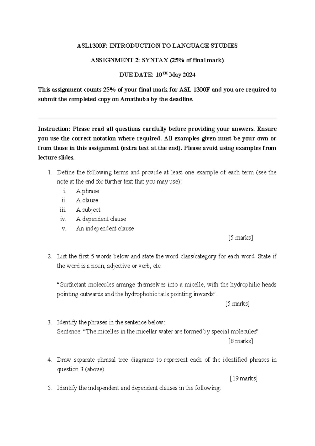 Assignment 2-Syntax-2024-updated - ASL1300F: INTRODUCTION TO LANGUAGE STUDIES ASSIGNMENT 2 ...