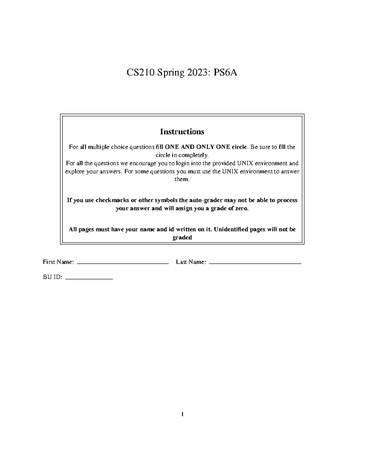 Ps6a - ssssssssssssssss - CS210 Spring 2023: PS6A Instructions For all multiple choice questions ...