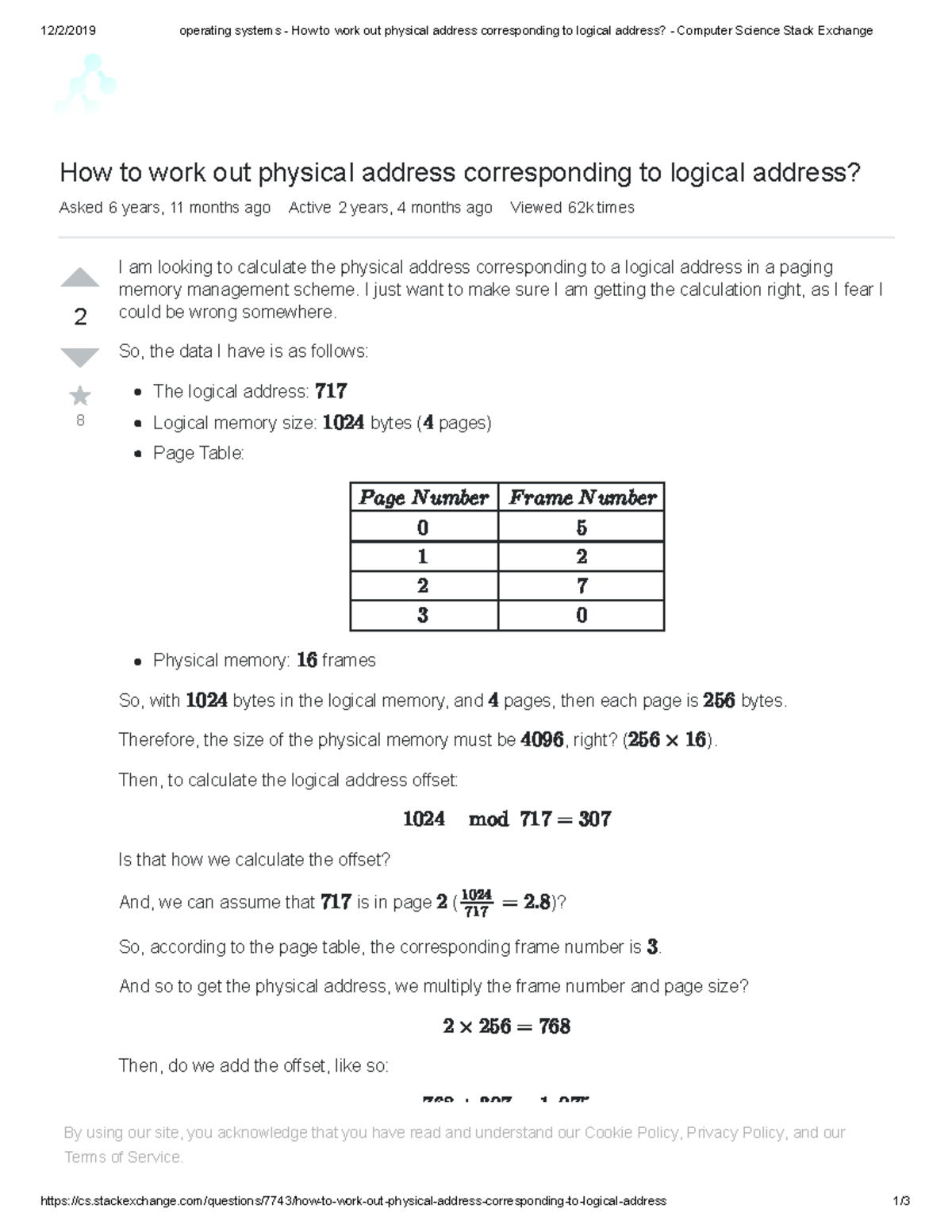 Operating systems - How to work out physical address corresponding to ...