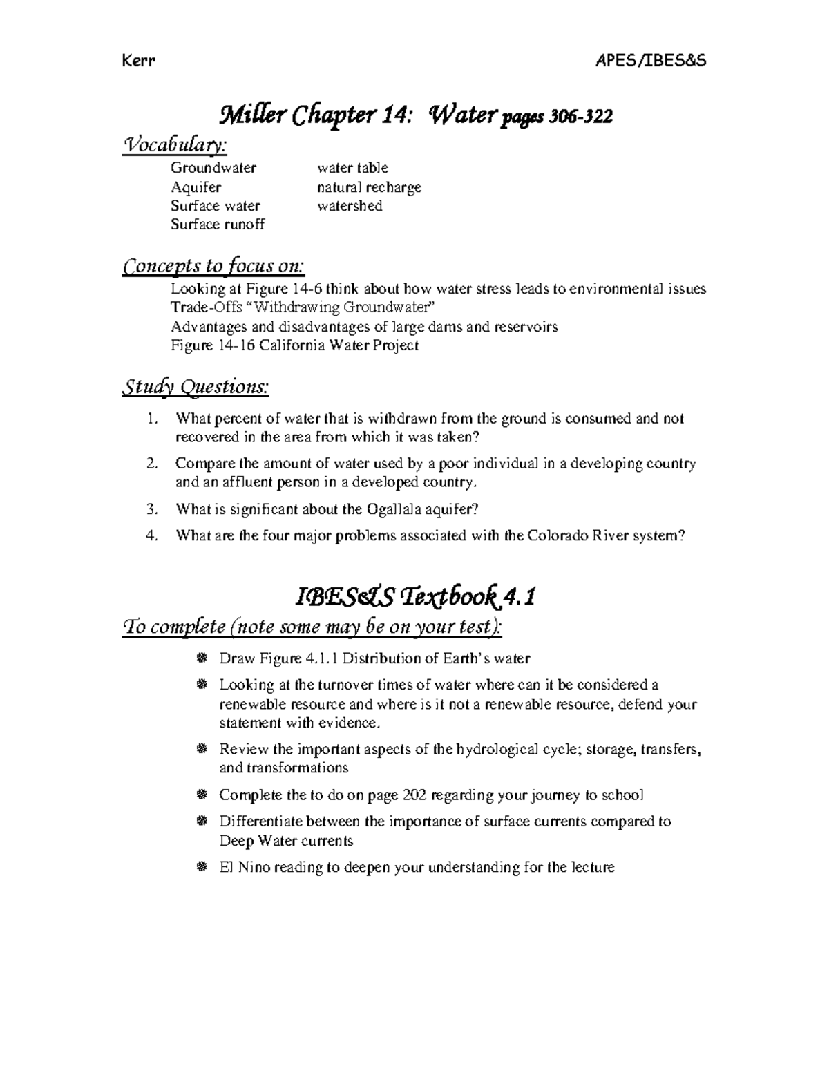 Water-Watershed reading outline - Kerr APES/IBES&S Miller Chapter 14 ...