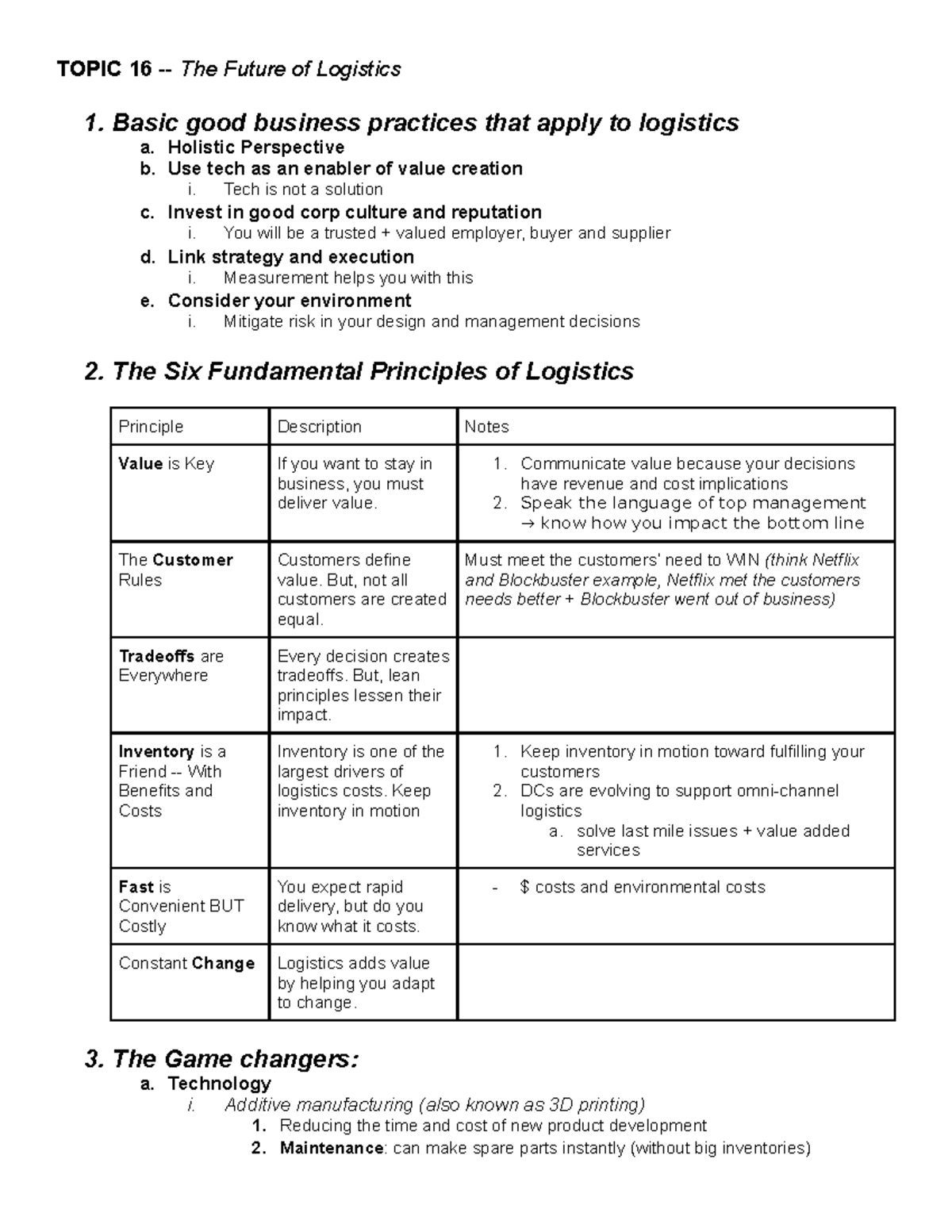 Topic 16 Notes - MGT 431 Ellram - TOPIC 16 - The Future of Logistics 1 ...