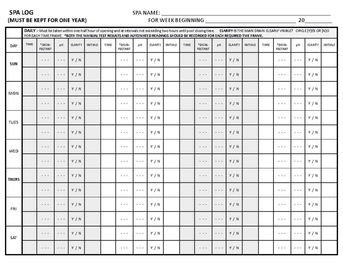 Daily Spa Log - Hhhhbvvb - SPA LOG SPA NAME: - Studocu