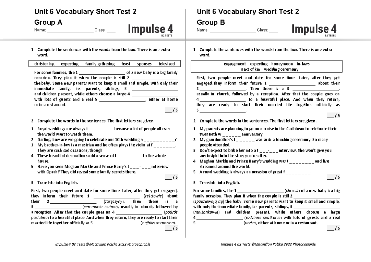 Unit 6 Vocabulary Short Test 2 A+B 2 - Impulse 4 B2 Tests ©Macmillan ...