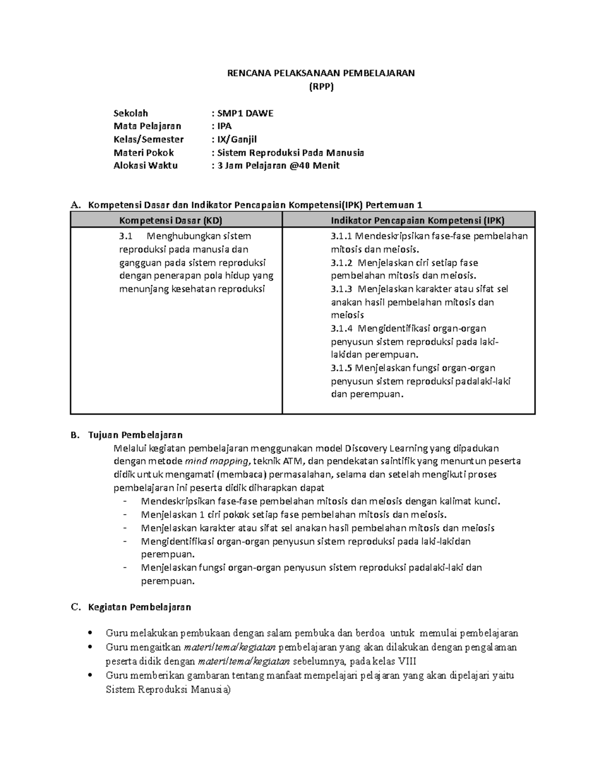 RPP IPA Kelas 9 KD 3 - RPP IPA SMP - RENCANA PELAKSANAAN PEMBELAJARAN ...