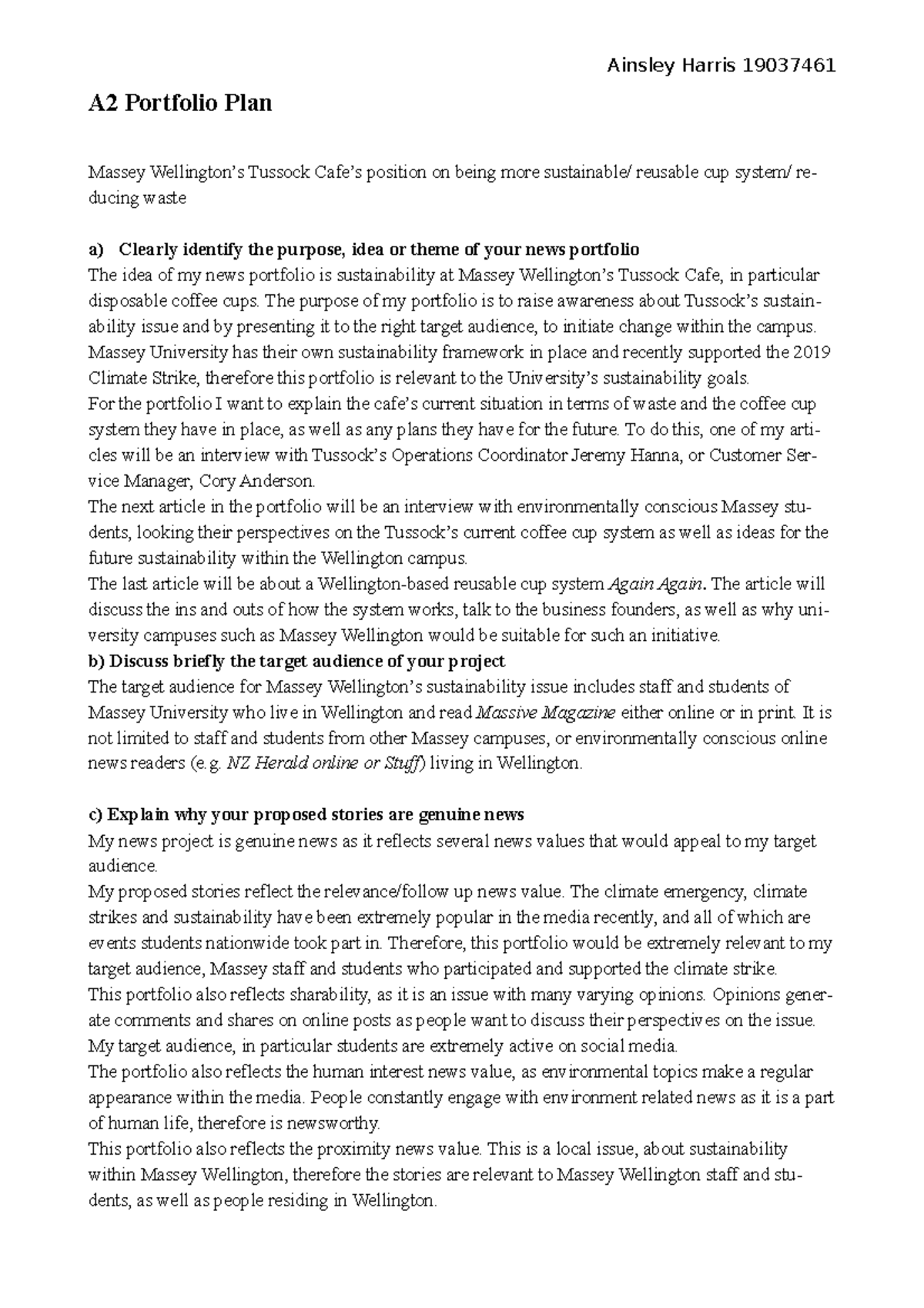 A2 portfolio plan - Ainsley Harris 19037461 A2 Portfolio Plan Massey ...