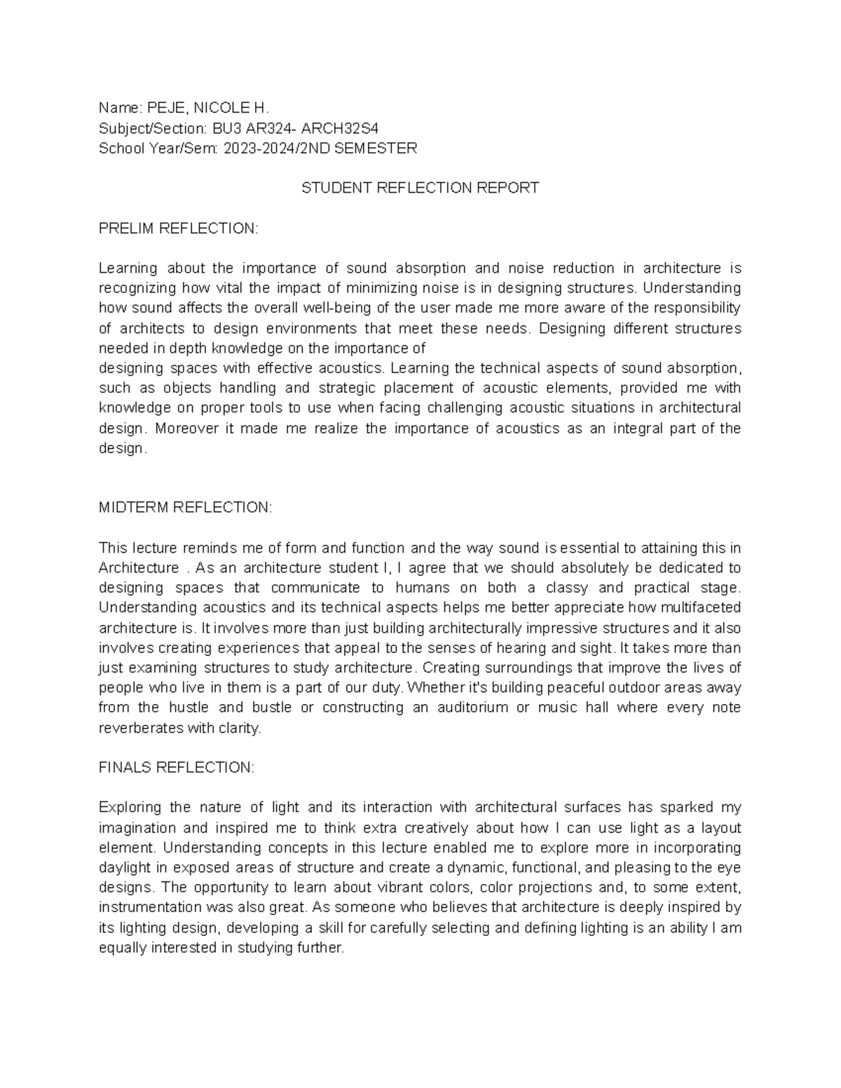 Student Reflection Report - Name: PEJE, NICOLE H. Subject/Section: BU3 ...