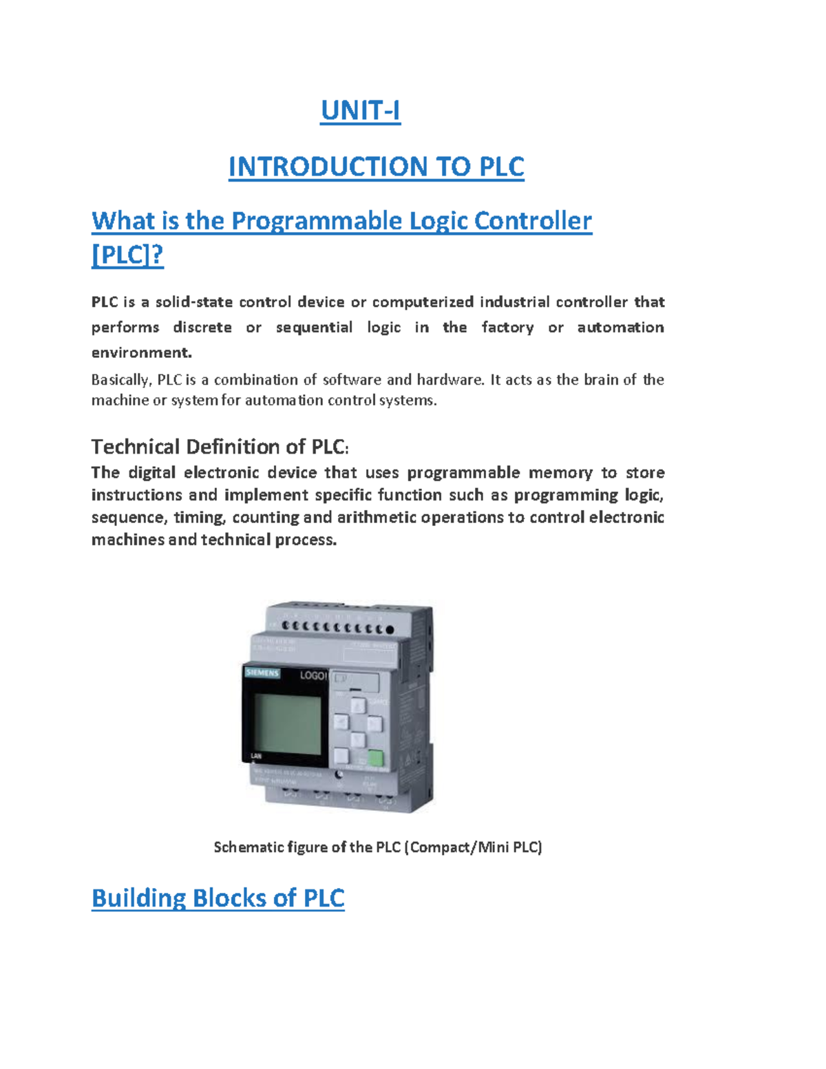 Agriculture engineering - UNIT-I INTRODUCTION TO PLC What is the Programmable Logic Controller ...