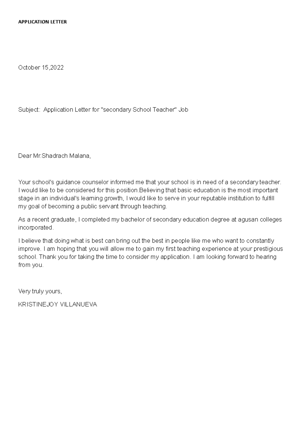 Final-application - English major - APPLICATION LETTER October 15 ...