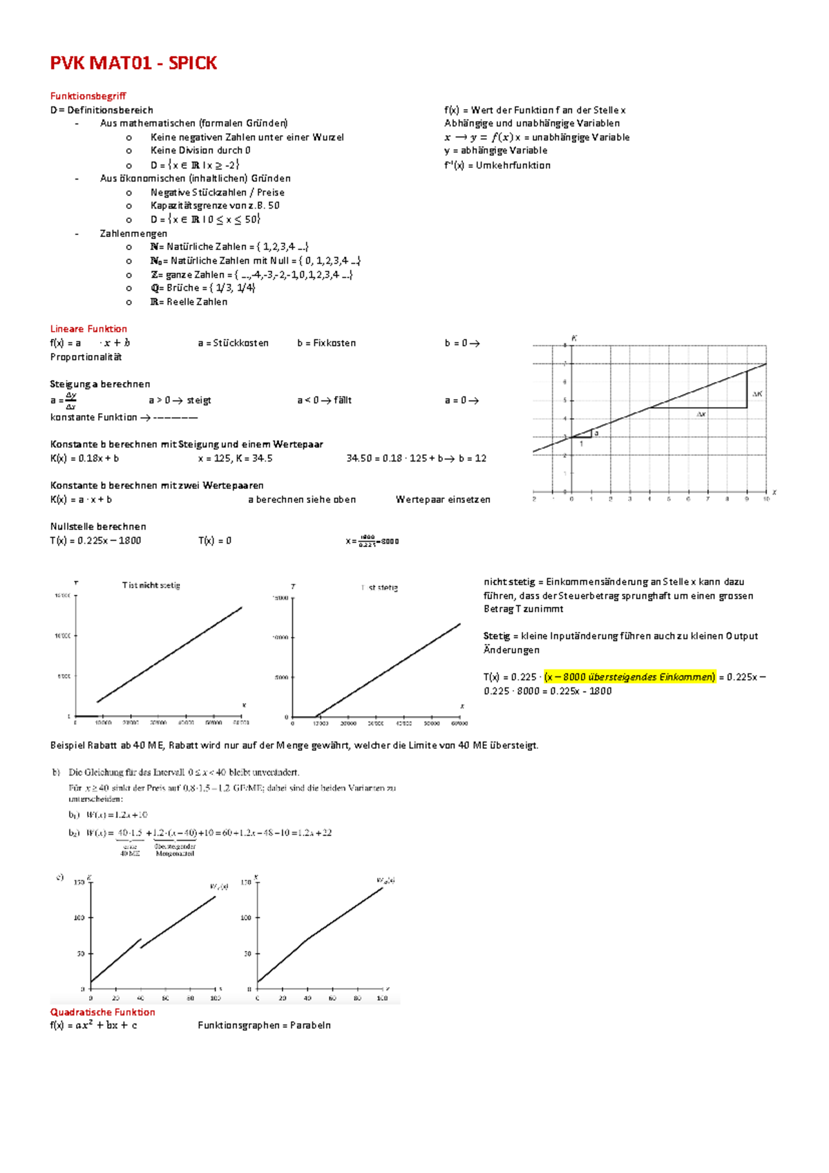 MAT01 Spick 1 - Zusammenfassung für die Prüfung - PVK MAT01 - SPICK Funktionsbegriff D = - Studocu