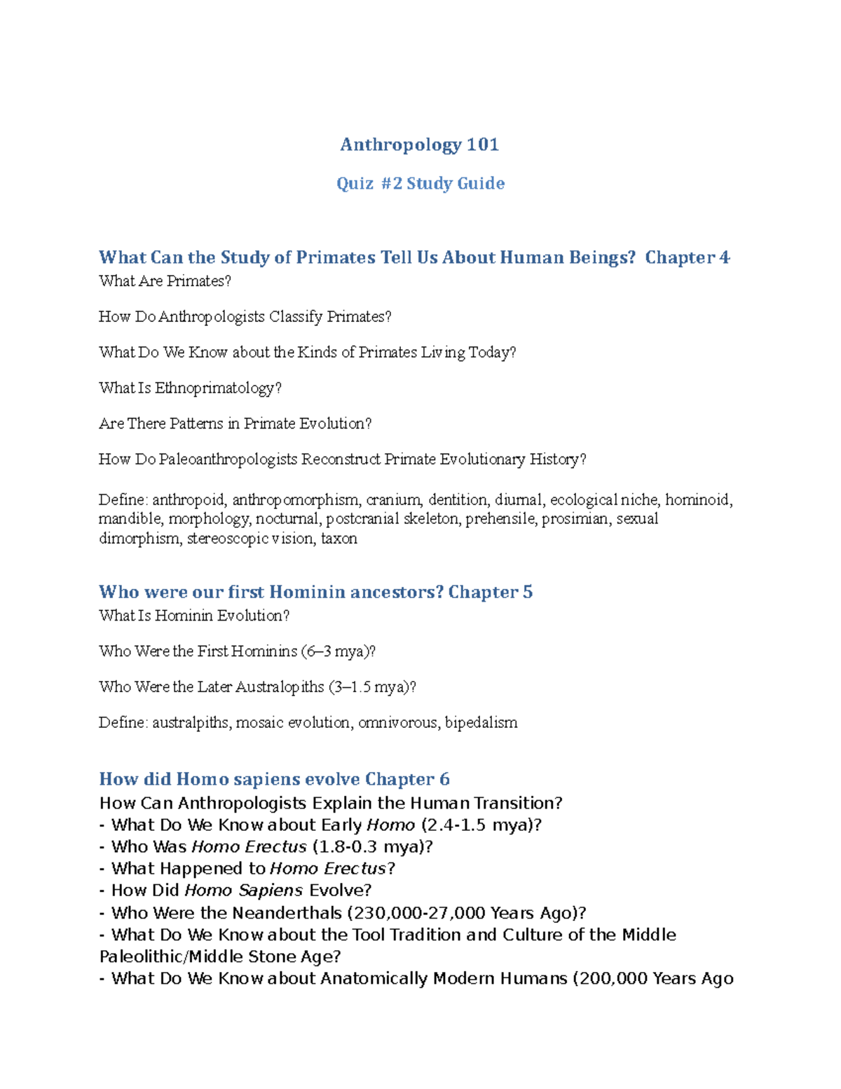 Anthropology 101 second midterm study guide - Anthropology 101 Quiz #2 ...