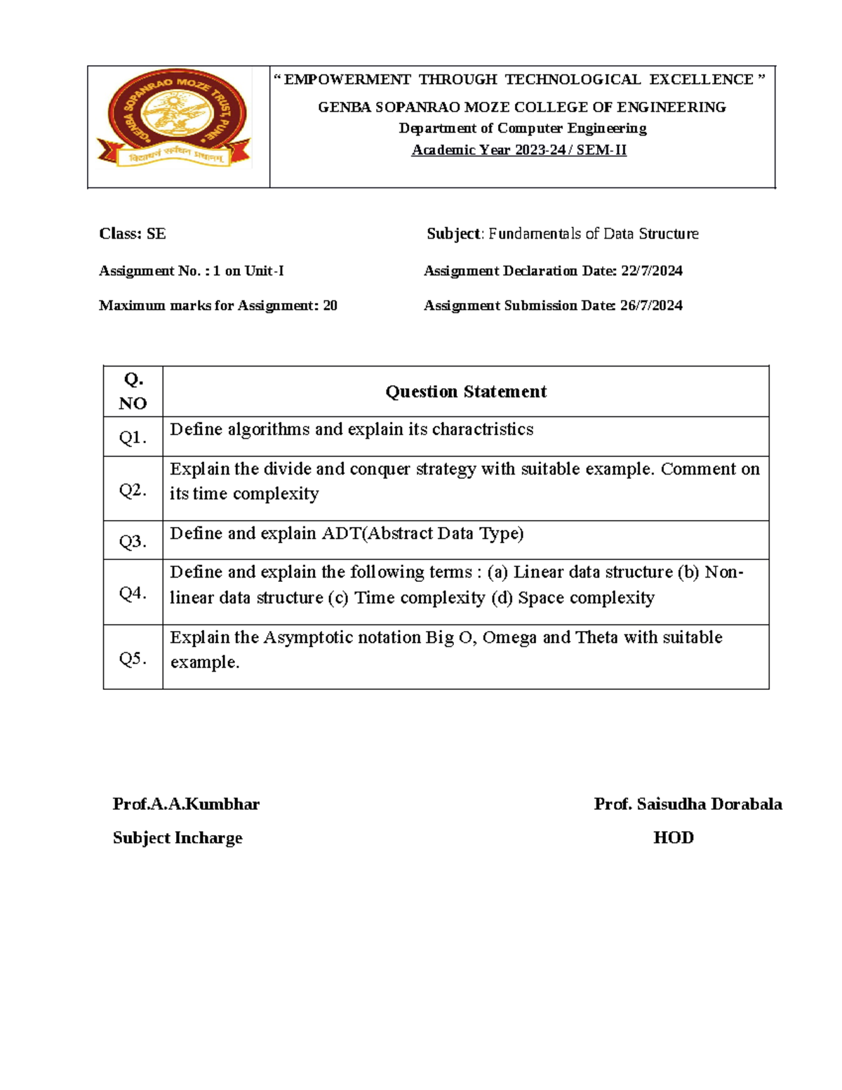 FDS Assignment 1 6 - GENBA SOPANRAO MOZE COLLEGE OF ENGINEERING Department of Computer ...