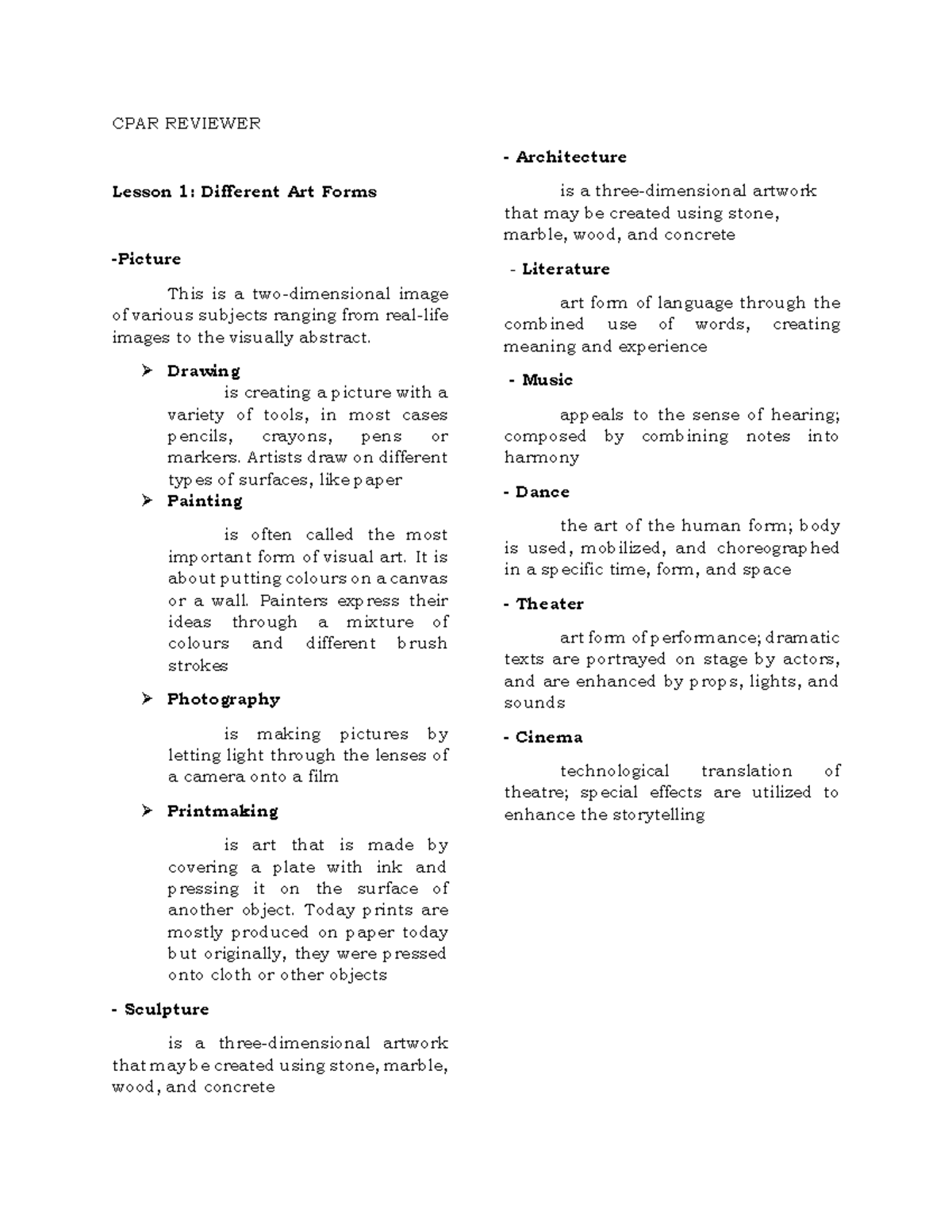 CPAR Reviewer - hii - CPAR REVIEWER Lesson 1: Different Art Forms ...