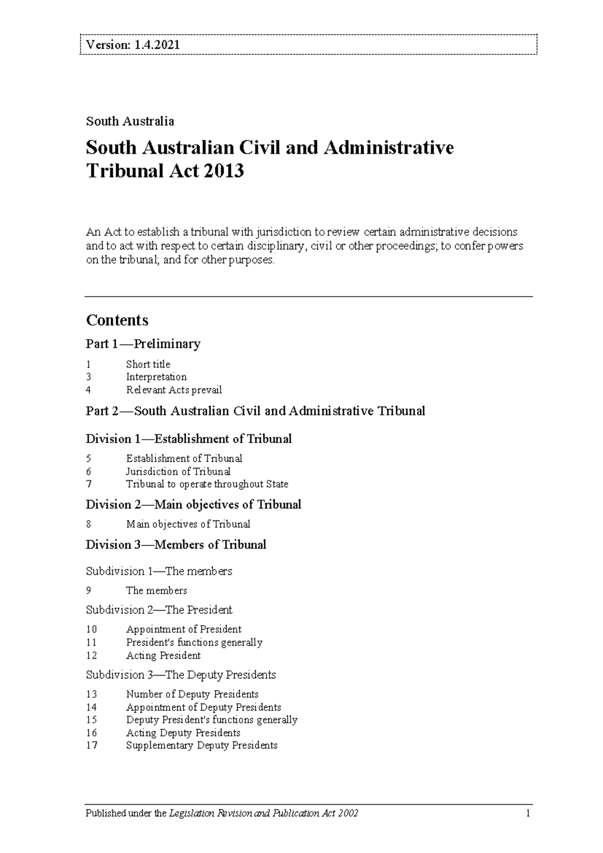 Sacat - Version: 1. South Australia South Australian Civil and ...