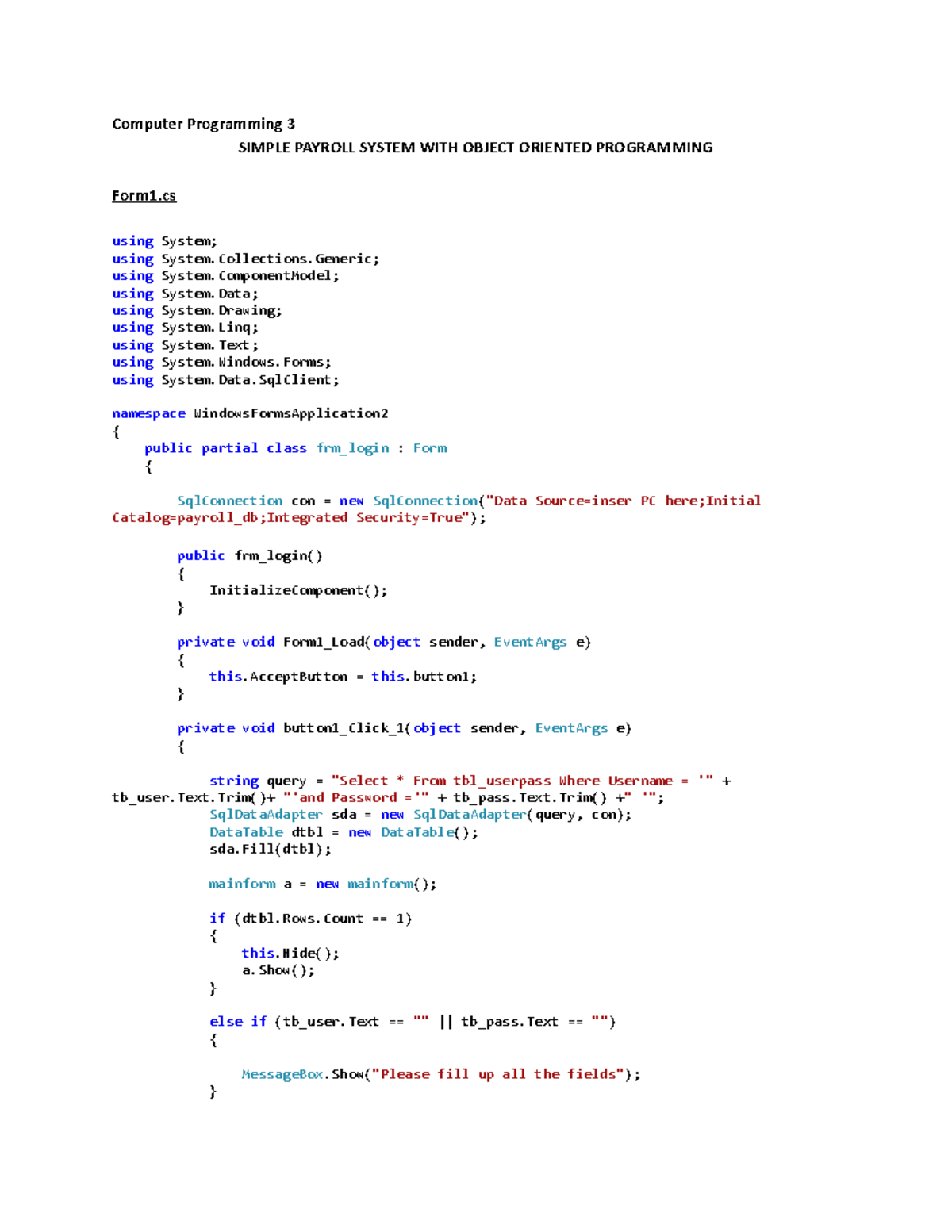 Simple payroll system programming - Computer Programming 3 SIMPLE PAYROLL SYSTEM WITH OBJECT ...
