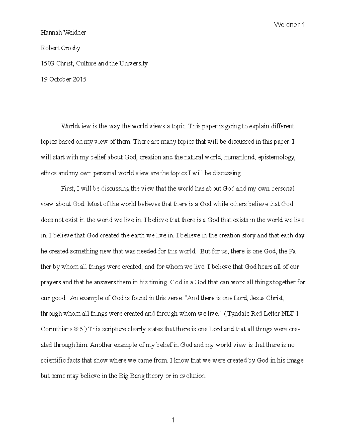 World View 1 - lecture notes - Hannah Weidner Robert Crosby 1503 Christ ...