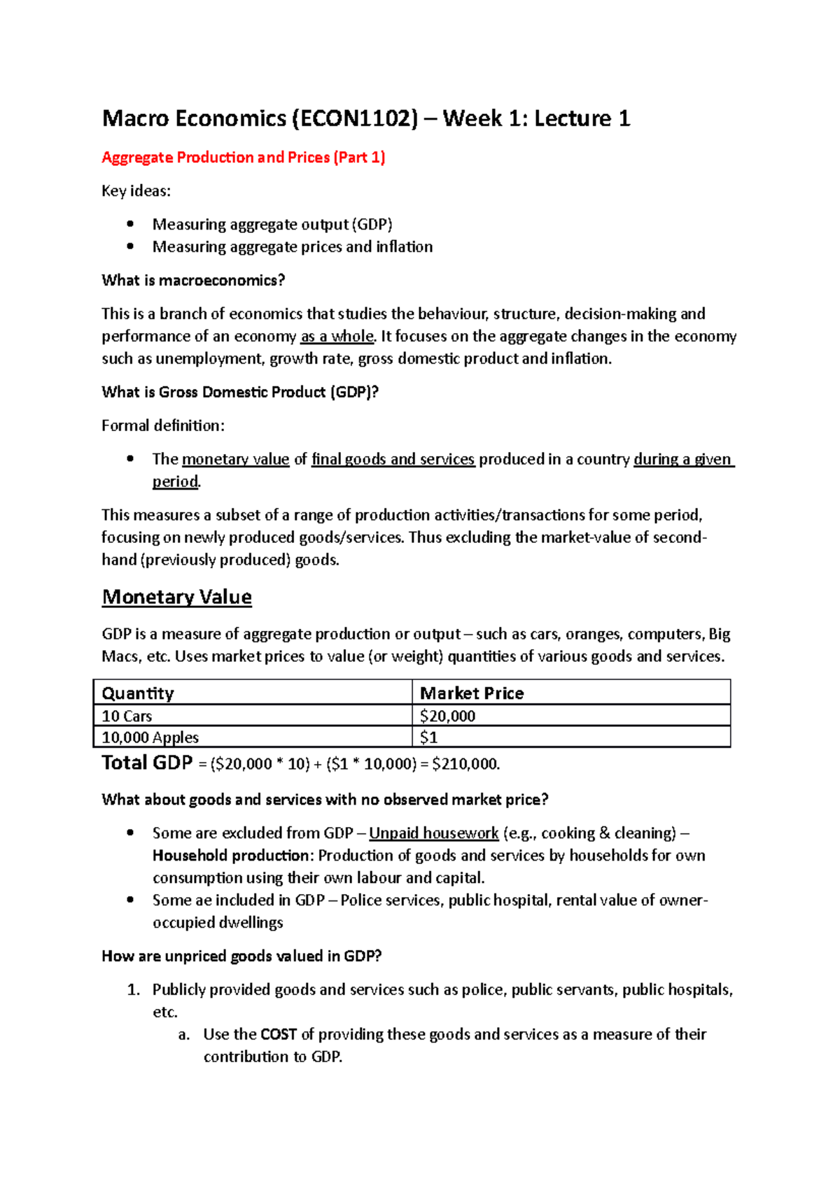 Week 1 lec 1 - macroeconomics 1 - Macro Economics (ECON1102) – Week 1: Lecture 1 Aggregate - Studocu