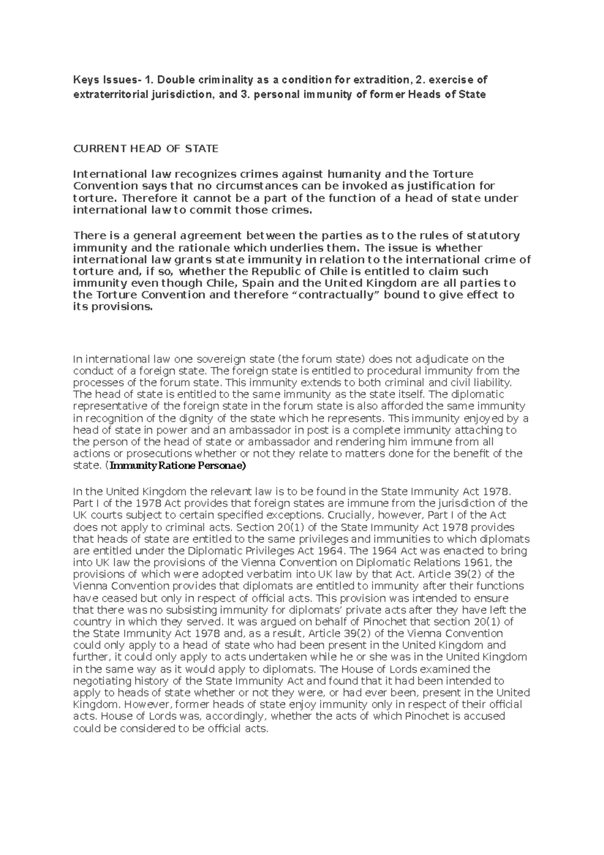 Keys Issues - pinochet case - Keys Issues- 1. Double criminality as a ...