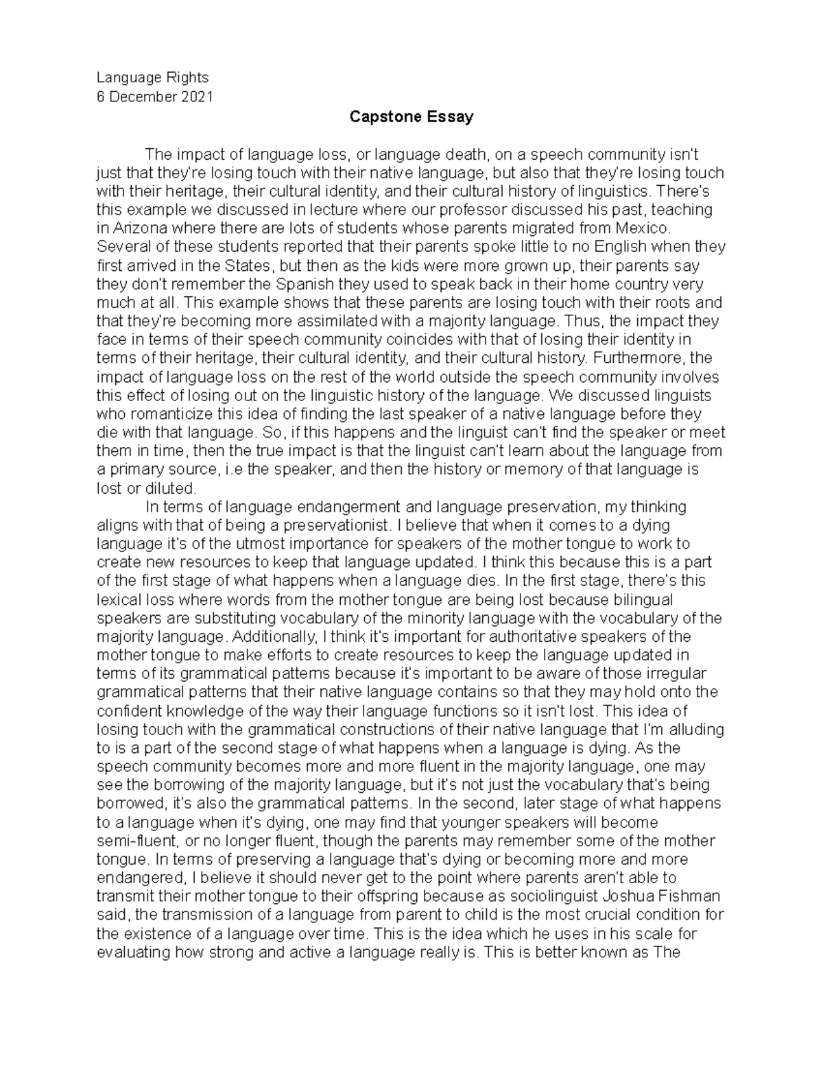 Capstone Essay - Grade: B - LING:1040 - Studocu