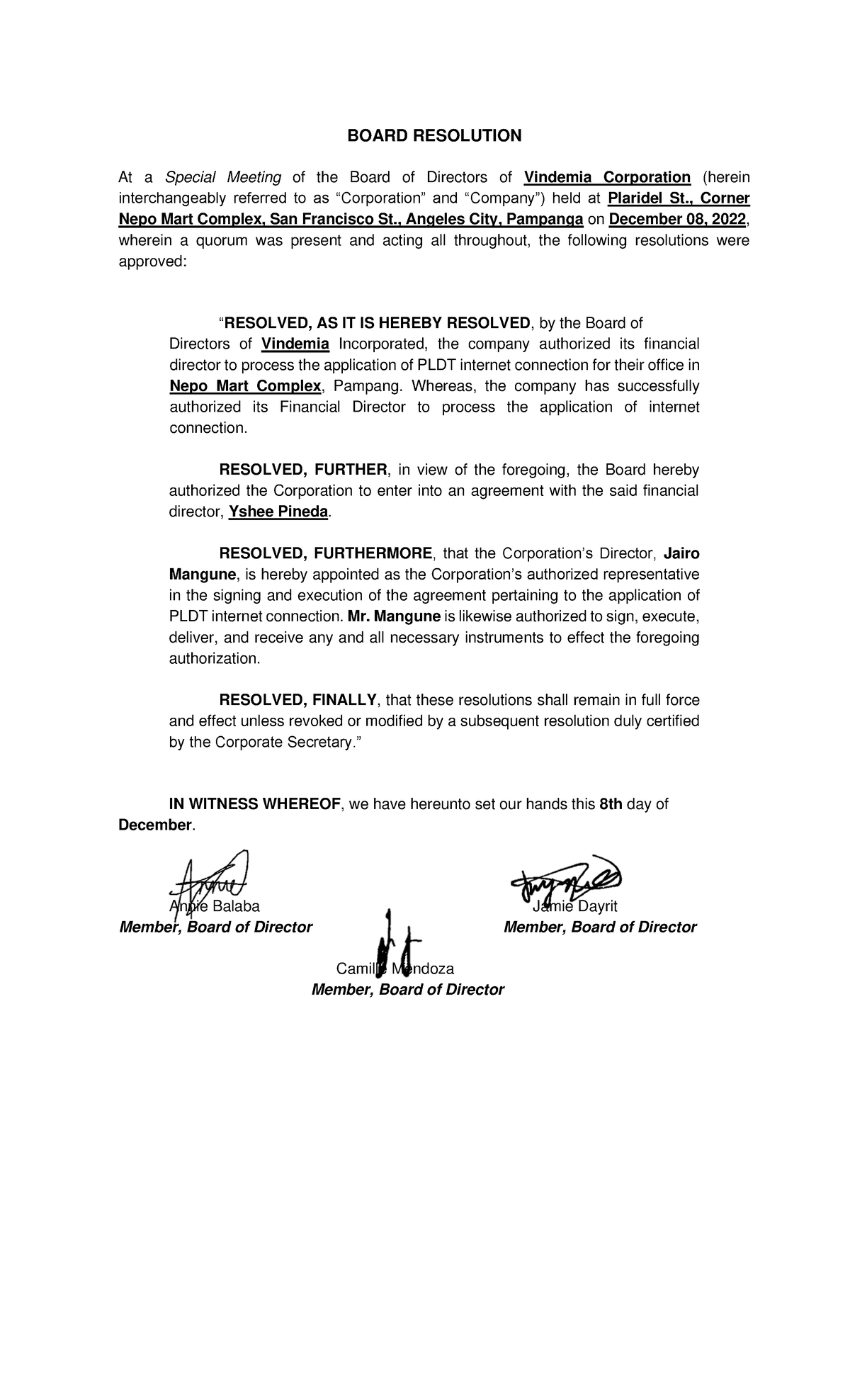 Group 8 Board Resolution - BOARD RESOLUTION At a Special Meeting of the ...