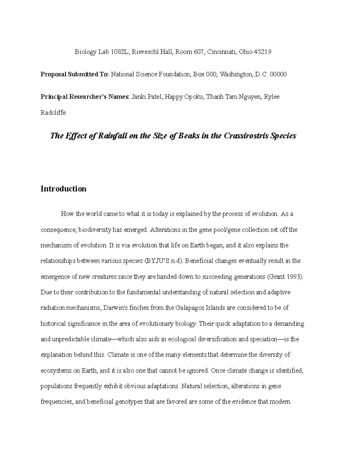 Bird Lab Grant Proposal - Biology Lab 1082L, Rieveschl Hall, Room 607 ...