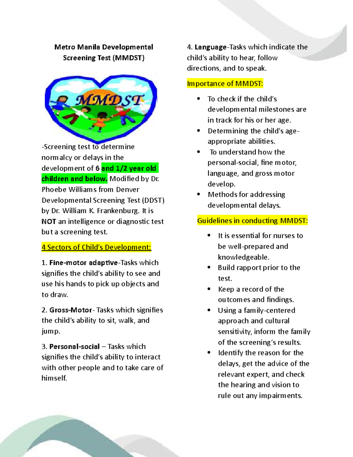 Metro Manila Developmental Screening Test (MMDST) - Metro Manila ...