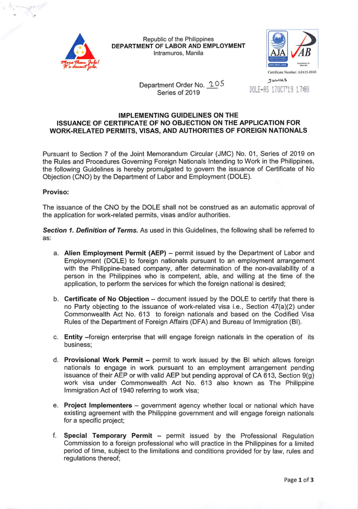 DO 205 19 Implementing Guidelines on the Issuance of Certificate of No ...