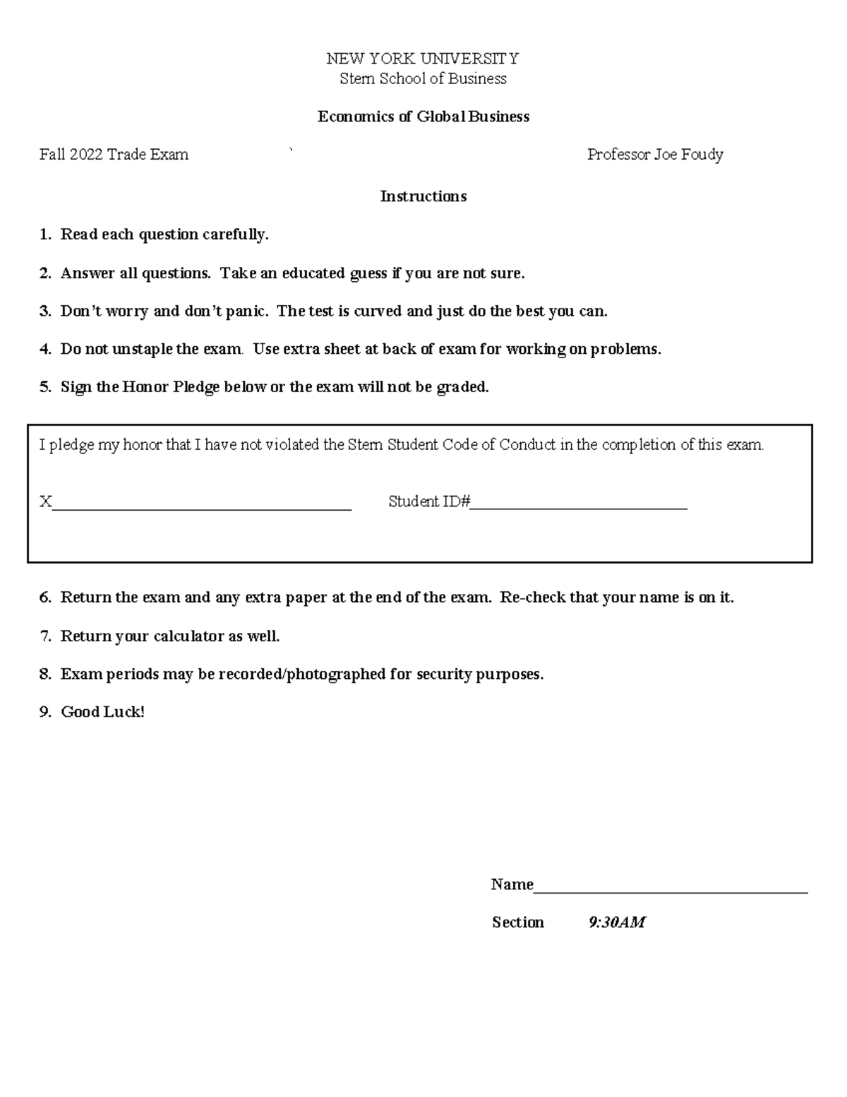 2022 Fall EGB Trade Sec 2 930AM Version A - Copy - NEW YORK UNIVERSITY ...