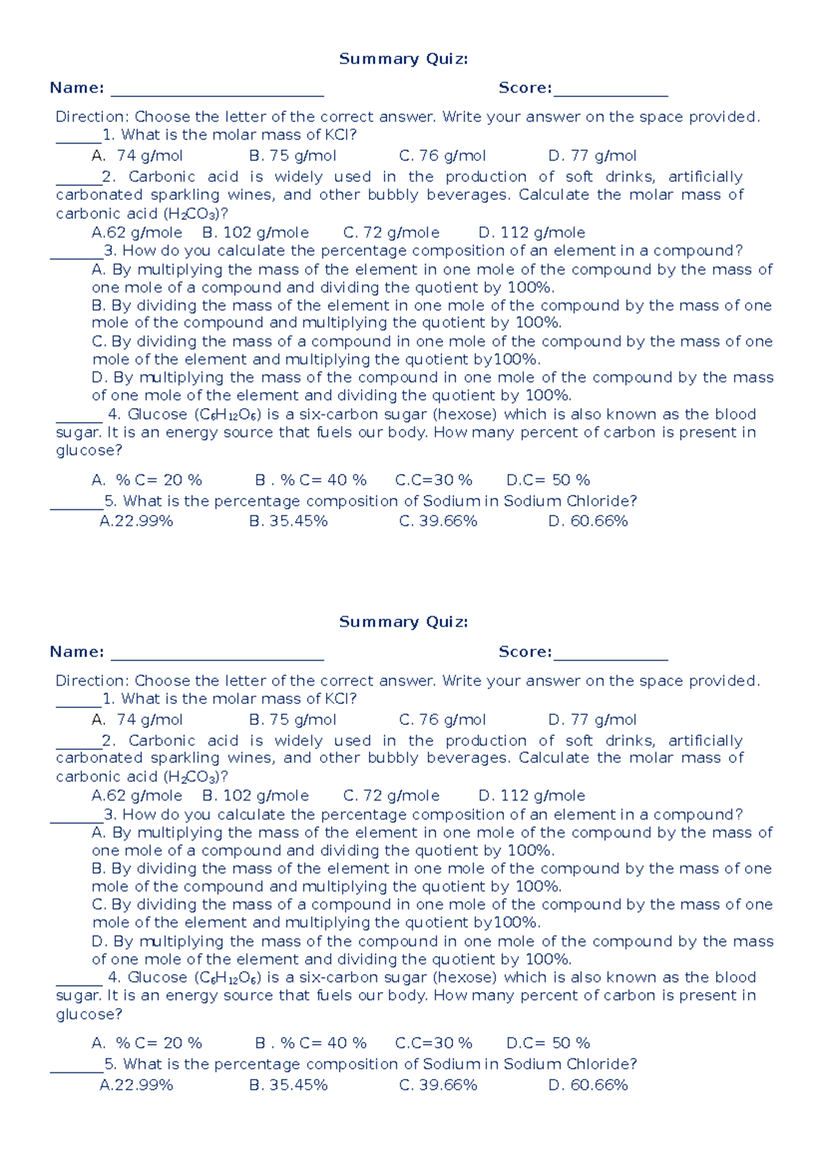 Summary Quiz - quiz in science - Summary Quiz: Name ...