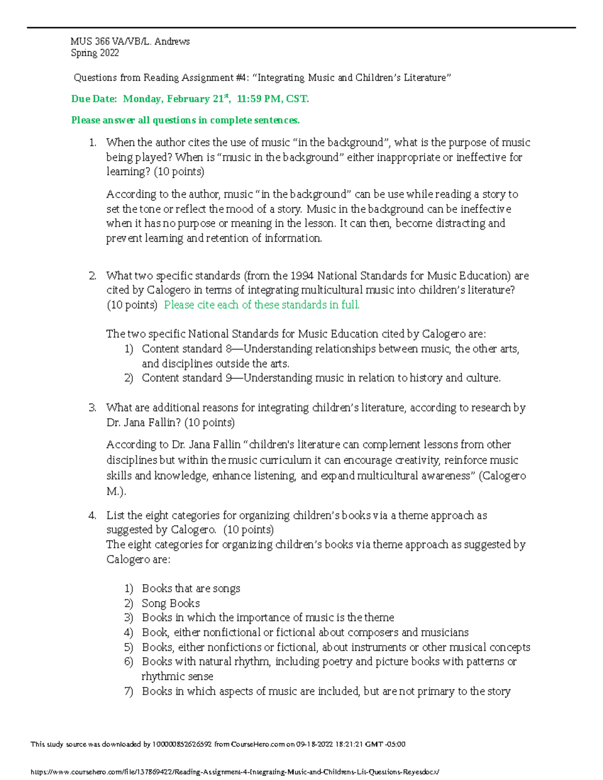 Reading Assignment 4 Integrating Music and Children s Lit Questions ...