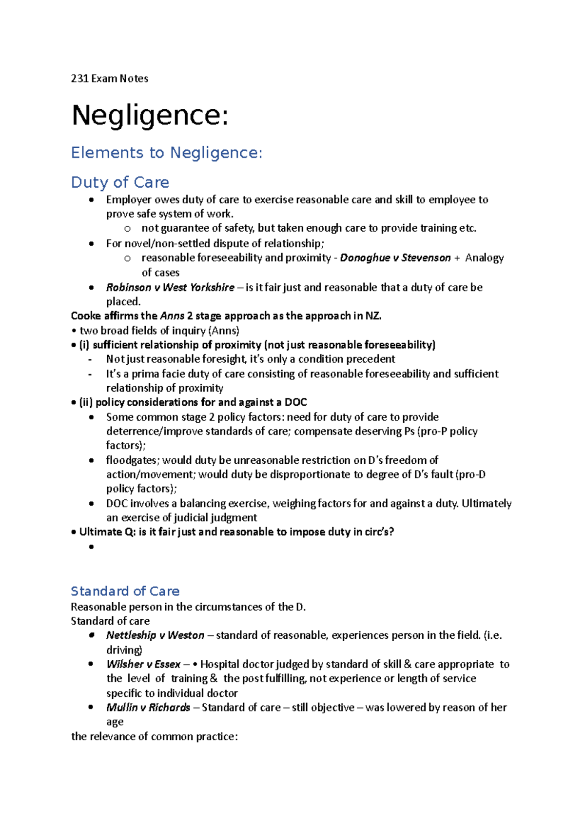 231 Exam Notes - 231 Exam Notes Negligence: Elements to Negligence ...