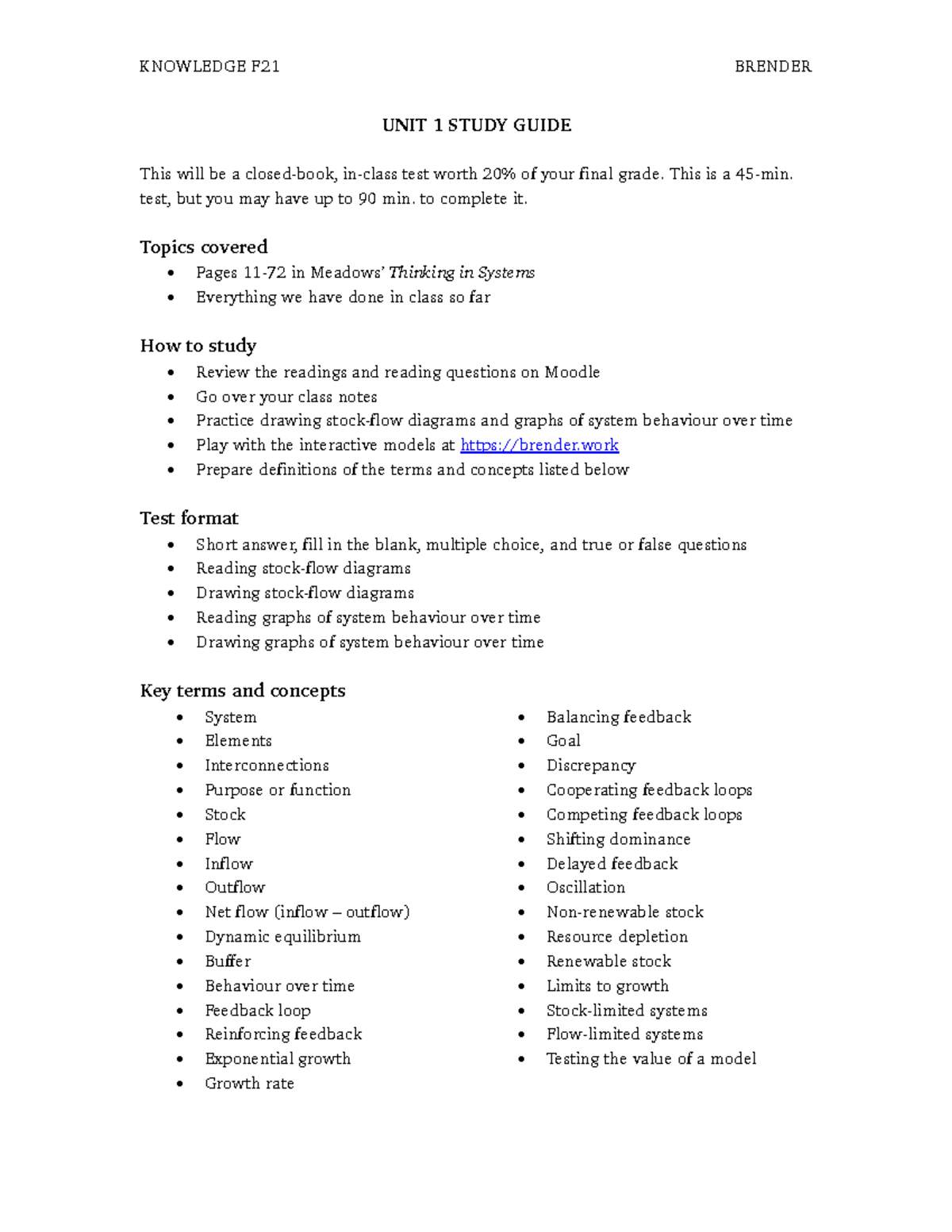 Unit 1 Study Guide - KNOWLEDGE F 21 BRENDER UNIT 1 STUDY GUIDE This ...