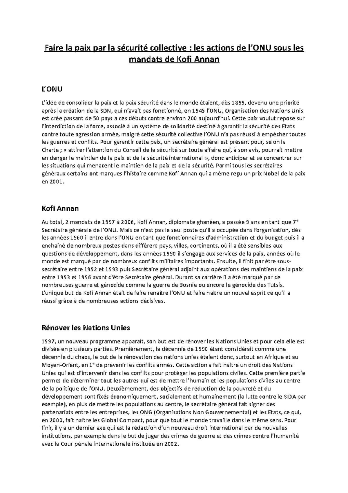Les actions de Kofi Annan dans l'ONU - Faire la paix par la sécurité ...