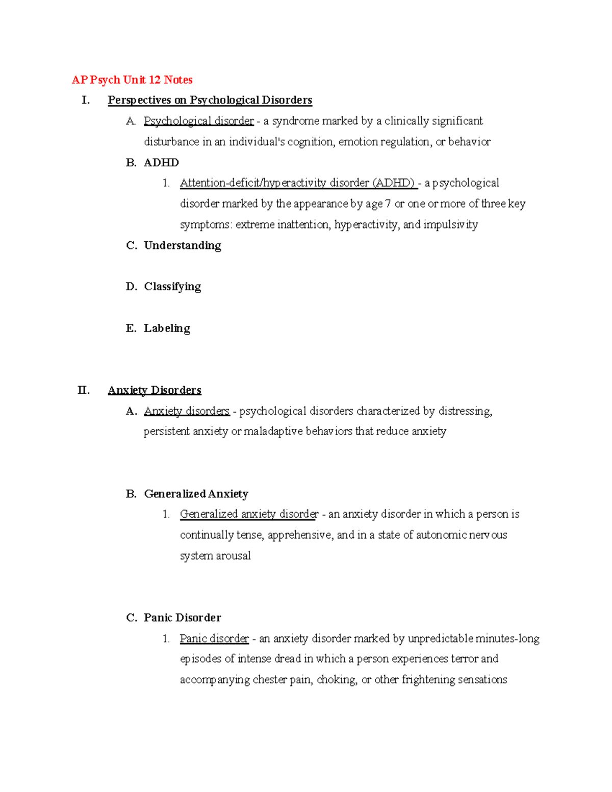 AP Psych Unit 12 Notes - AP Psych Unit 12 Notes I. Perspectives on ...