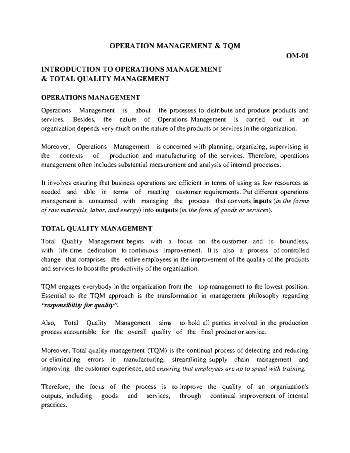 OM-01 Introduction to Operations Management - OPERATION MANAGEMENT & TQM OM- INTRODUCTION TO ...