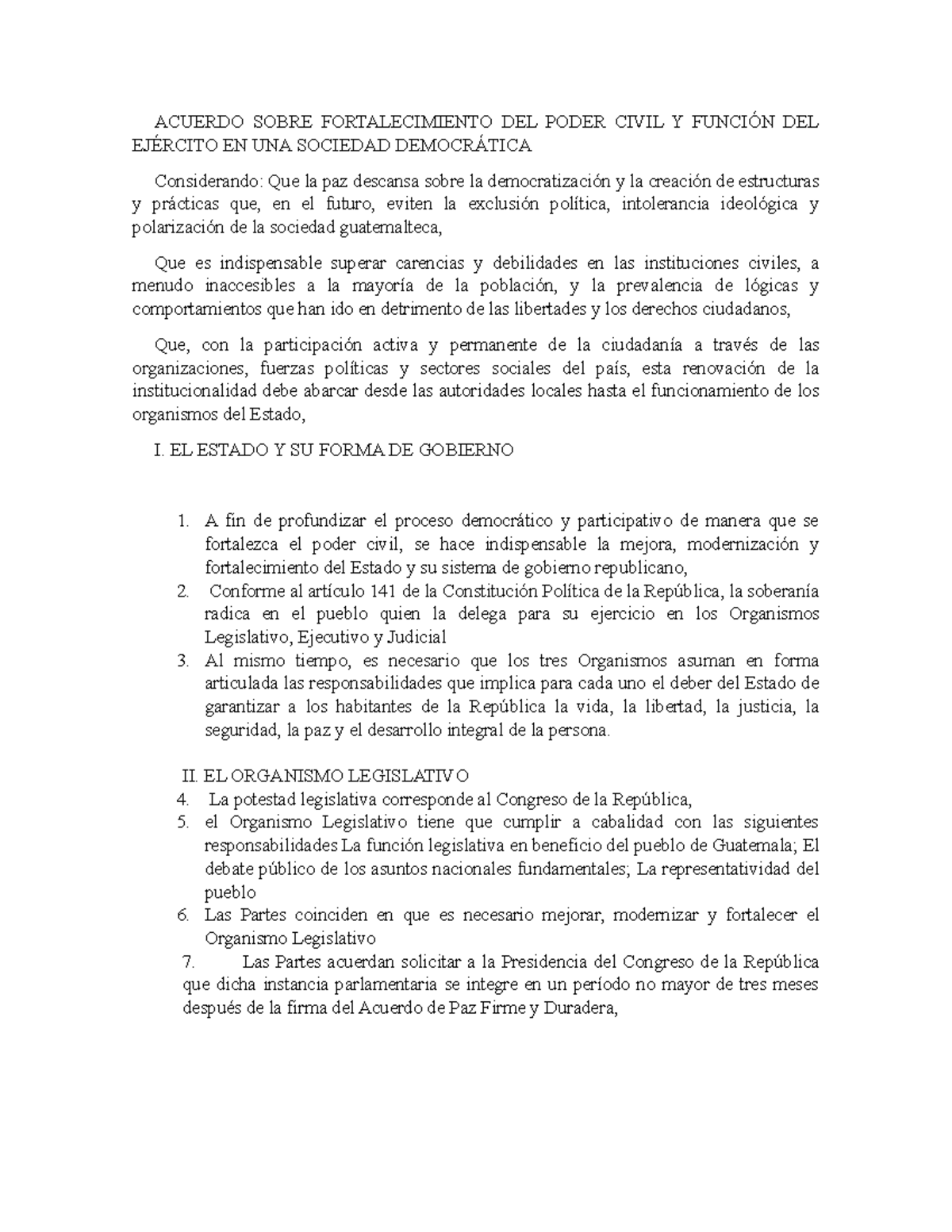 Acuerdo Sobre Fortalecimiento DEL Poder Civil Y Función DEL Ejército EN ...
