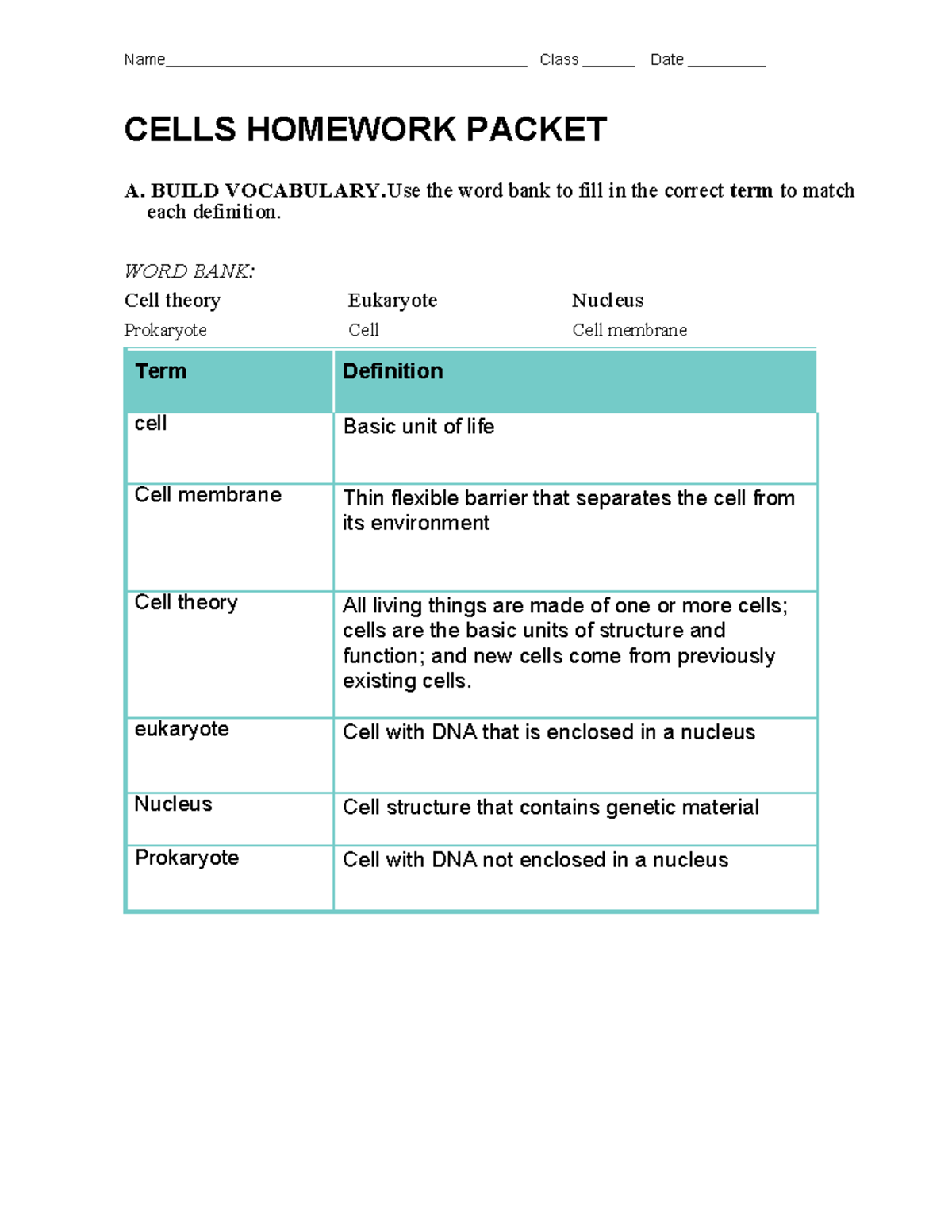 Cells workbook Gen Bio KEY - Name Class Date CELLS HOMEWORK PACKET A ...