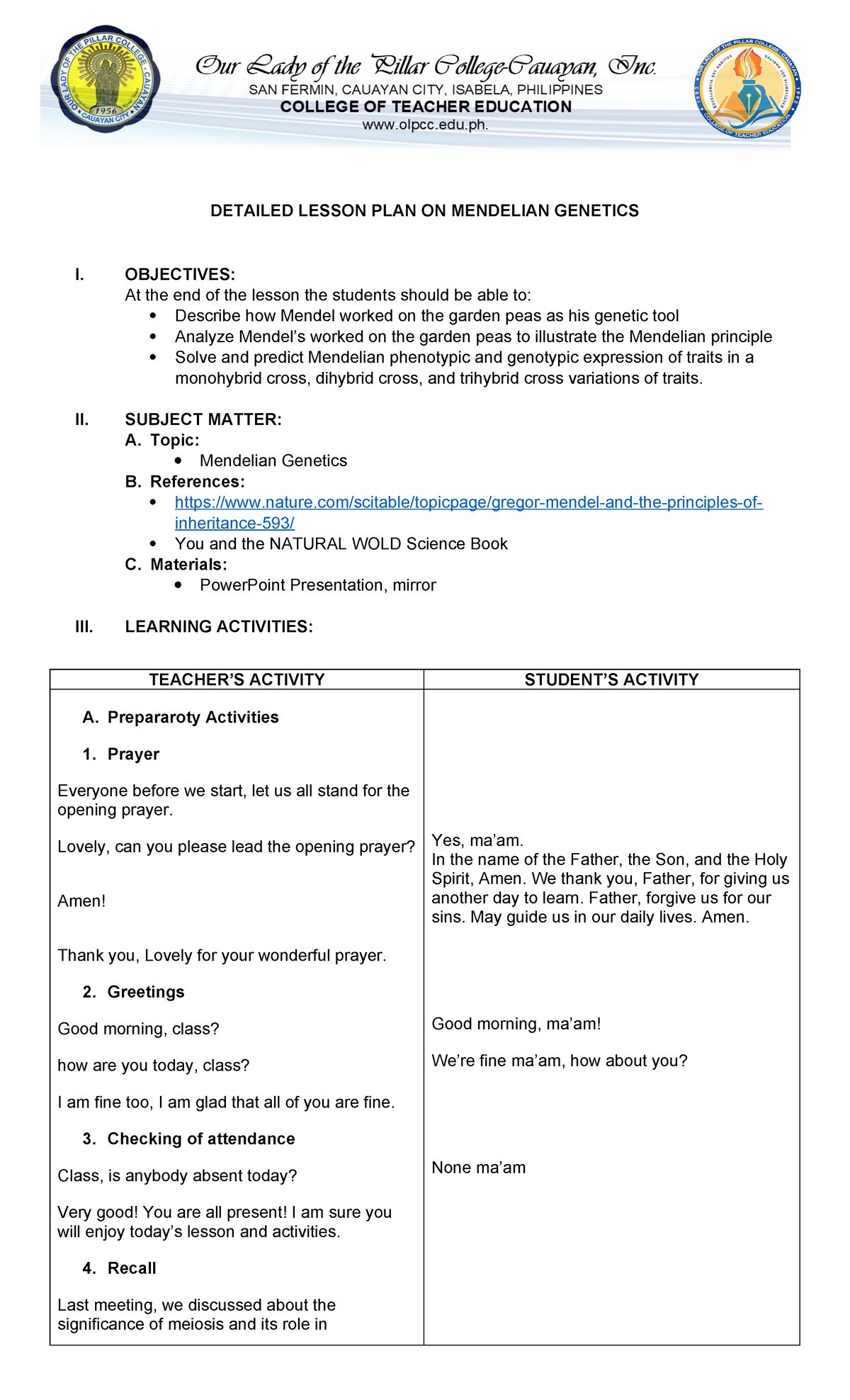 Detailed Lesson PLAN IN Genetics new(1) - DETAILED LESSON PLAN ON ...