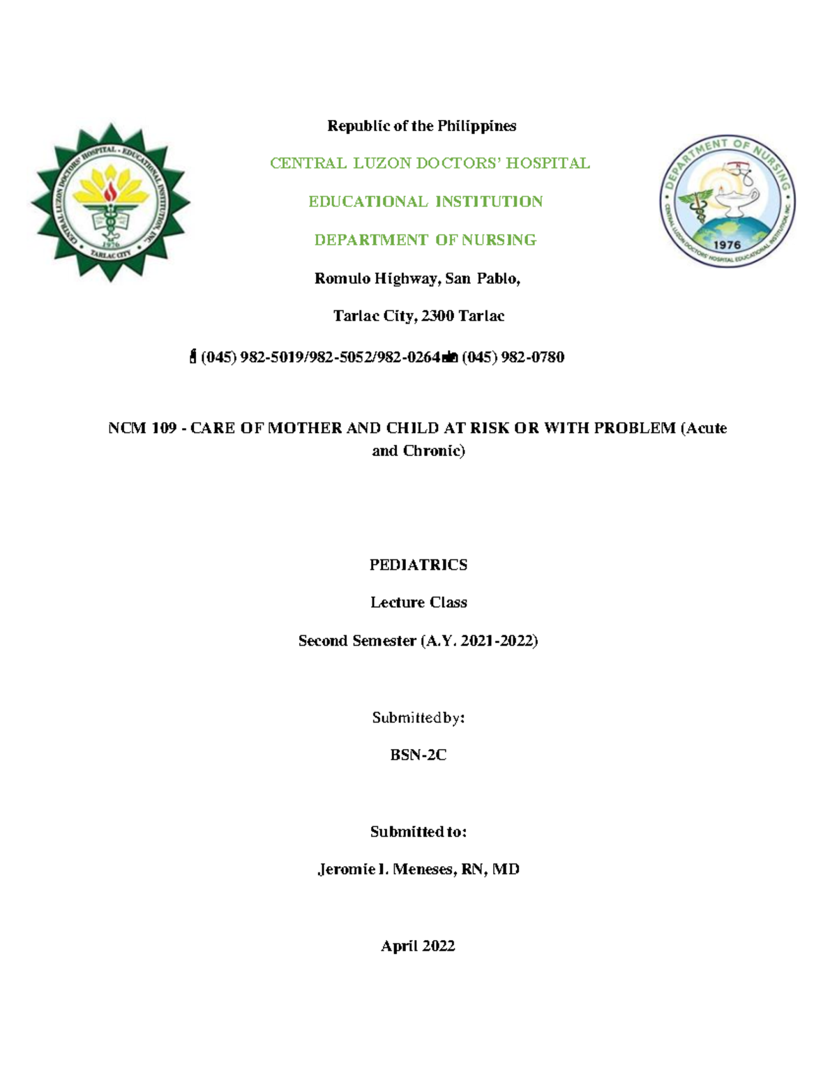 LECTURE FOR NURSING - Republic of the Philippines CENTRAL LUZON DOCTORS ...