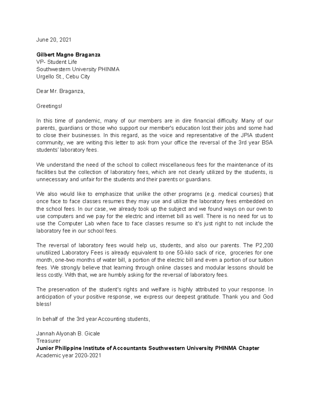 3rd year BSA Students' concern about the Laboratory Fees - June 20 ...