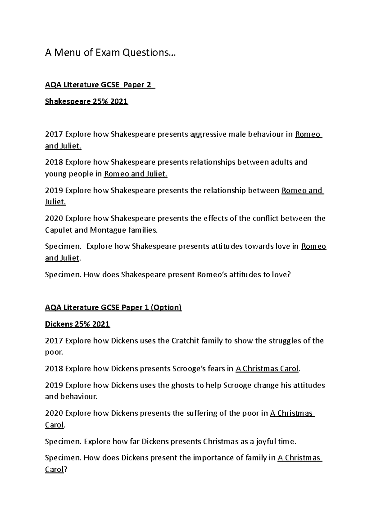 A Menu of Exam Questions GCSE - .. AQA Literature GCSE Paper 2 ...