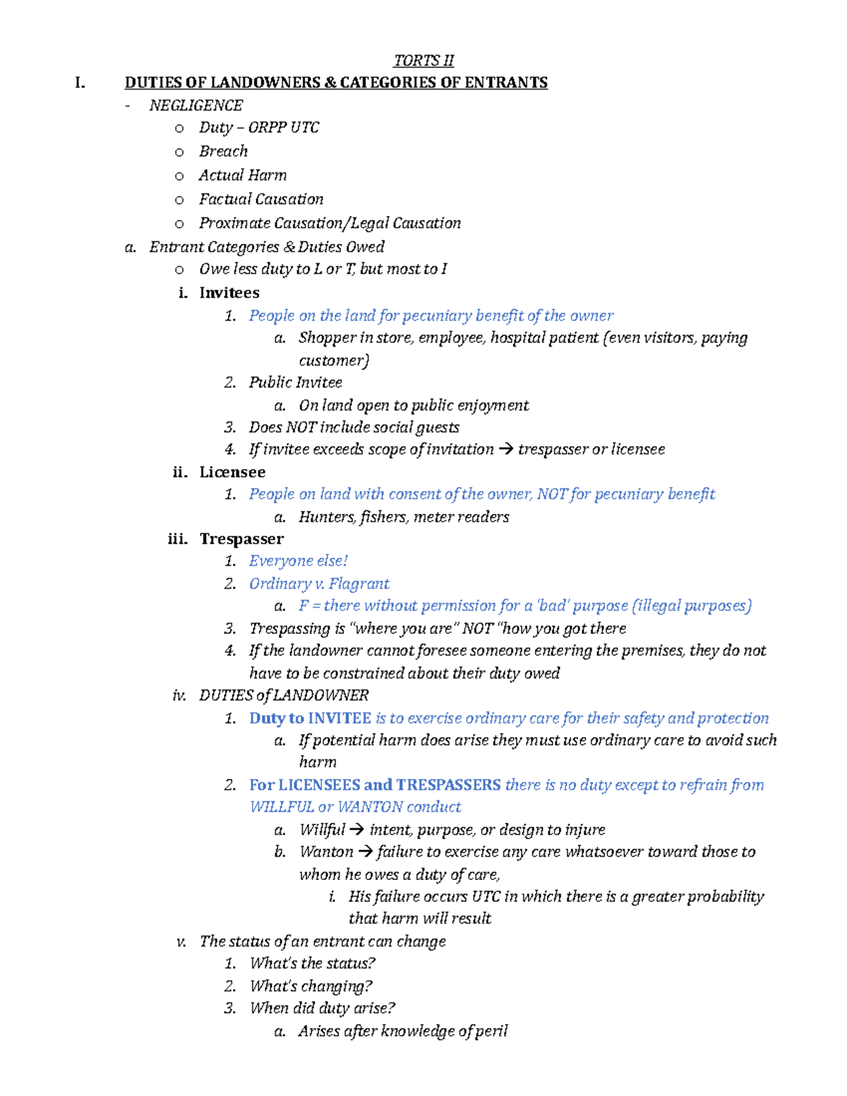 Torts II Outline - TORTS II I. DUTIES OF LANDOWNERS & CATEGORIES OF ...