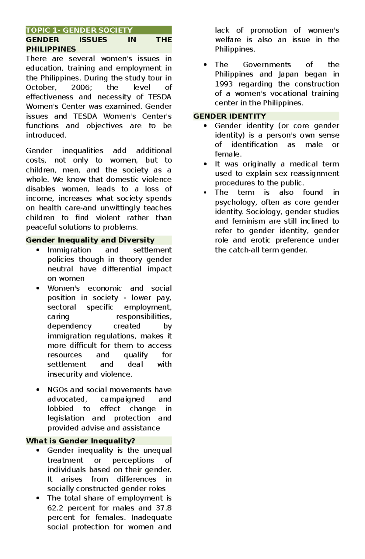 Topic Lecture 4 Social Sciences & Philosophy - TOPIC 1- GENDER SOCIETY ...