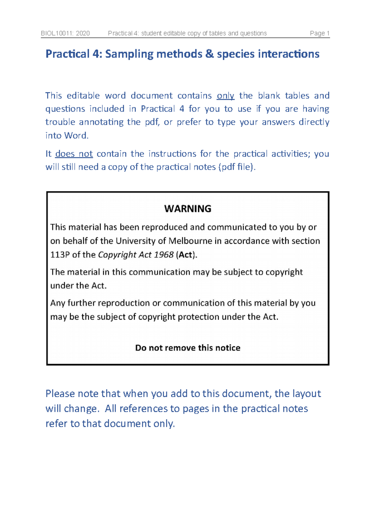 BIOL10011 Practical 4 tables-questions-only 2020 - Pracical 4: Sampling ...