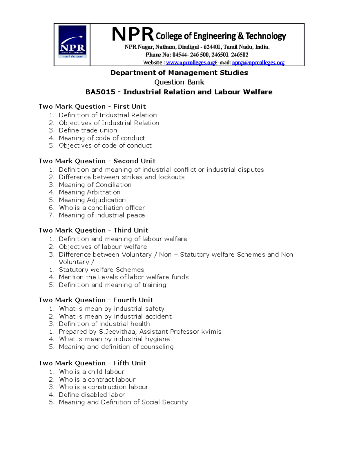 Question Bank - IRLW - INDUSTRIAL RELATION AND LABOUR WELFARE - NPR ...